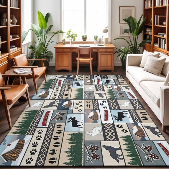 Animal Patchwork Washable Area Rug 6 x 9 ft Country Forest Farmhouse ...