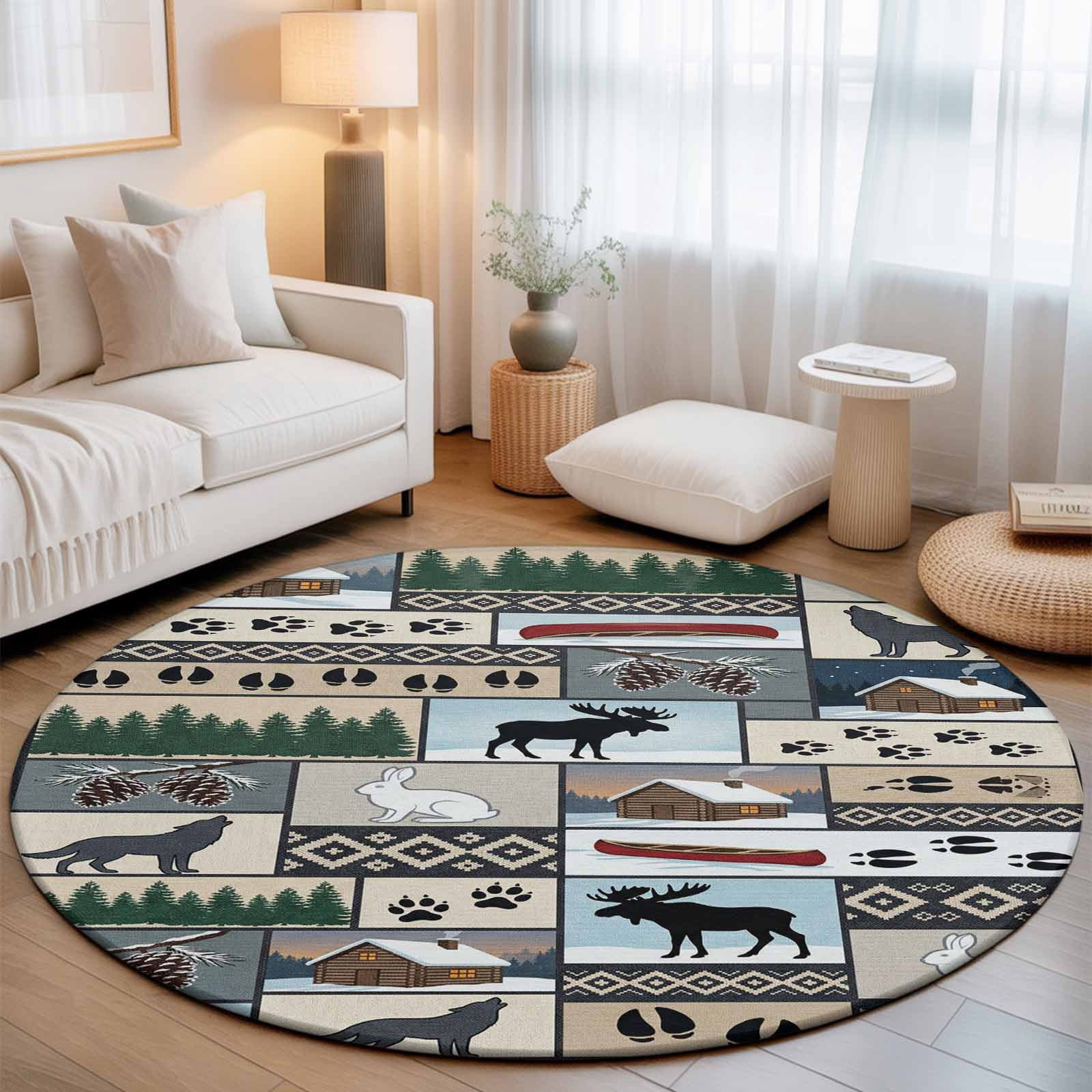 Animal Patchwork Washable Round Area Rug 5 ft, Country Forest Farmhouse ...