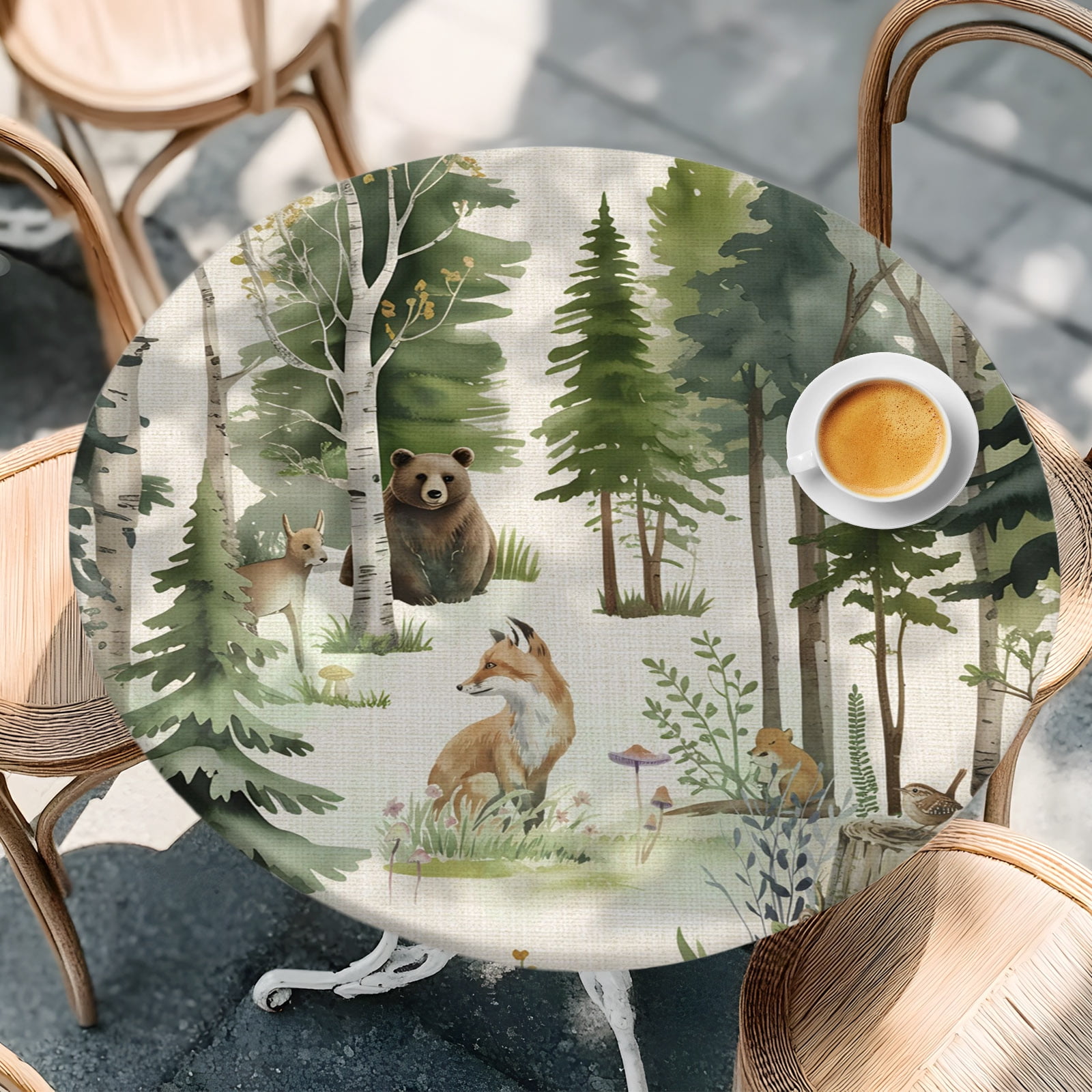 Animal Pattern Bear Deer Fox Rabbit Round Fitted Tablecloth with ...