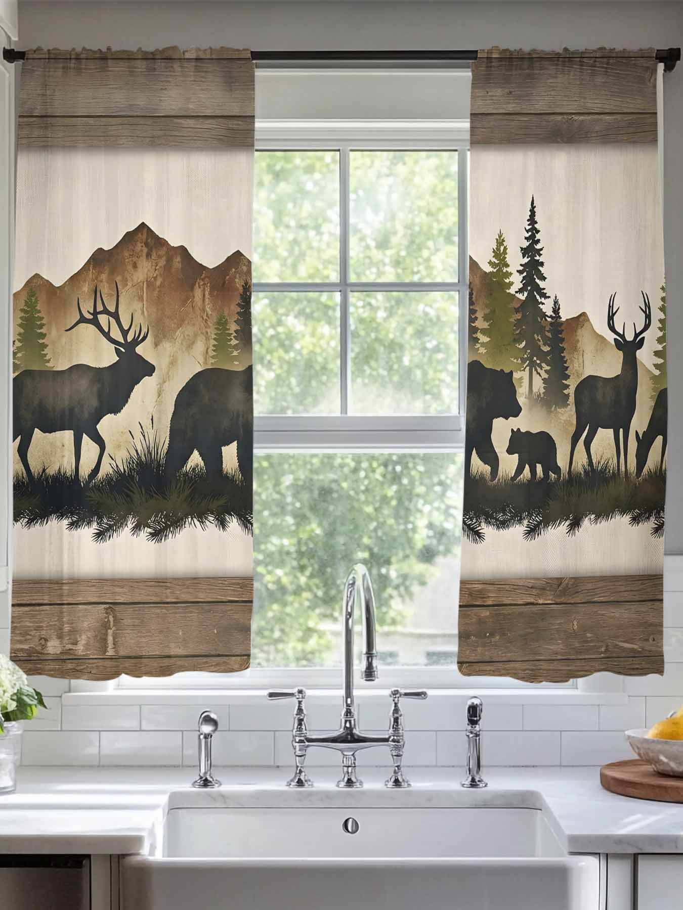 Animal Pattern Elk Bear Silhouette Chiffon Sheer Curtains 72 Inches ...