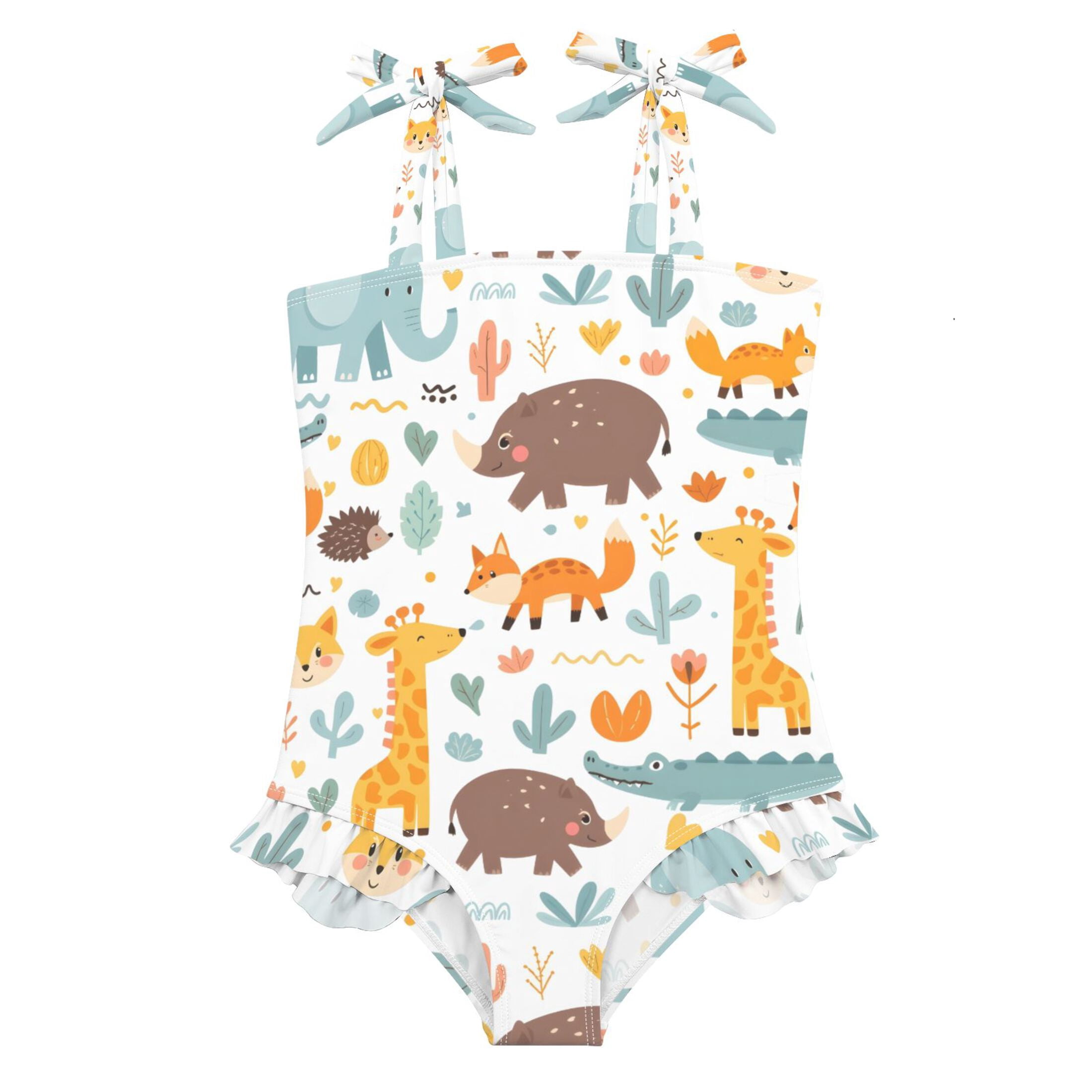 Animal Pattern Girls' One-Piece Swimsuit Bowknot Tie Shoulder Ruffled ...