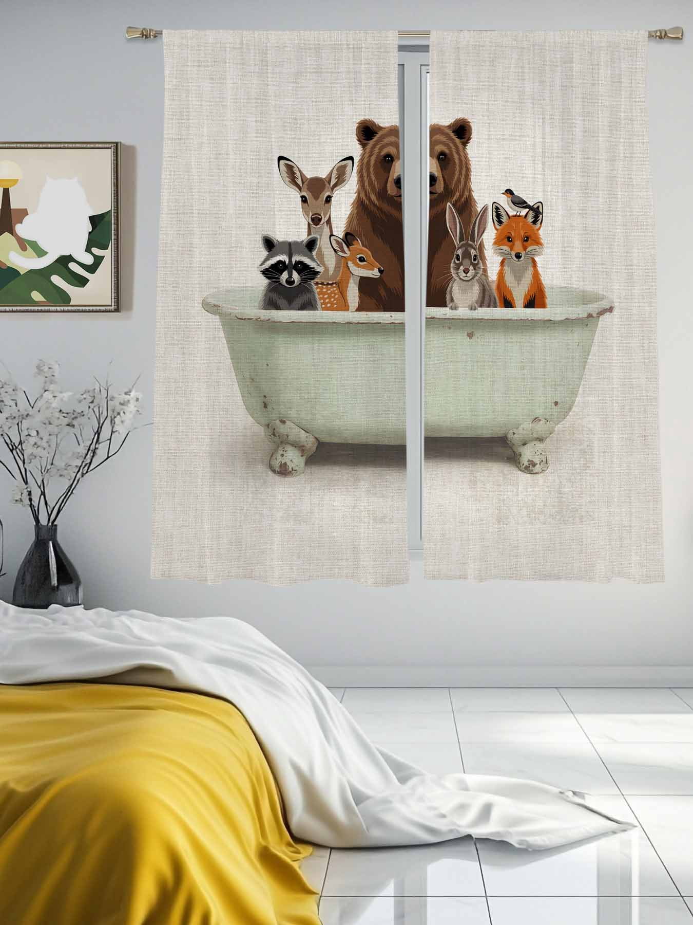 Animal Patterns Bears Deer Rabbit Chiffon Sheer Curtains 63 Inches Long ...
