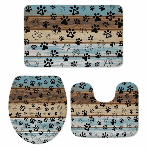 Animal Paw Print Bathroom Rugs Set Dog Claws Pattern Brown Blue Wooden ...