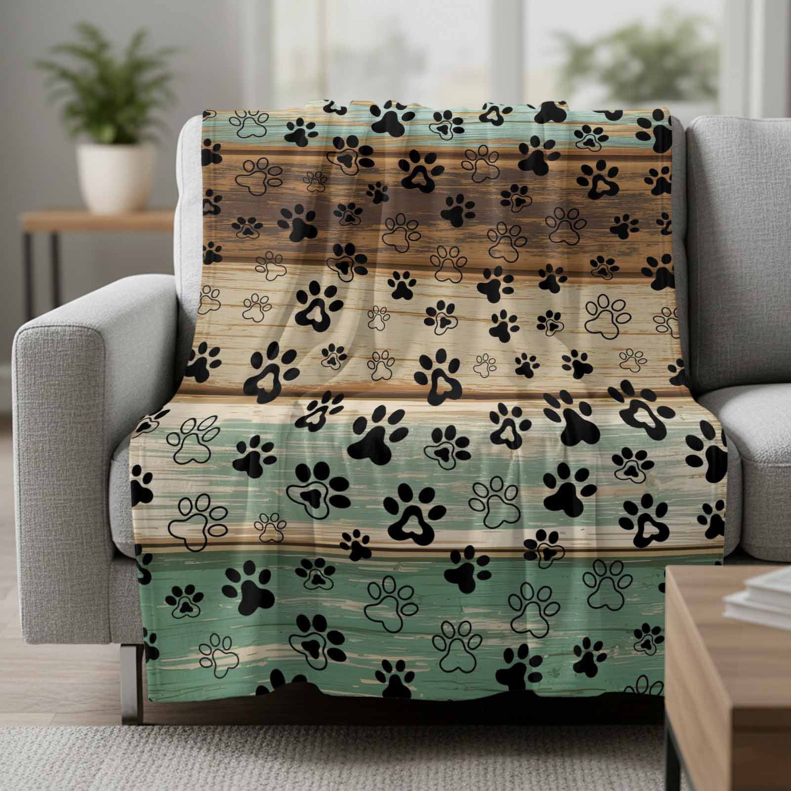 Animal Paw Print Fleece Throw Blanket Dog Claws Pattern Brown Green ...