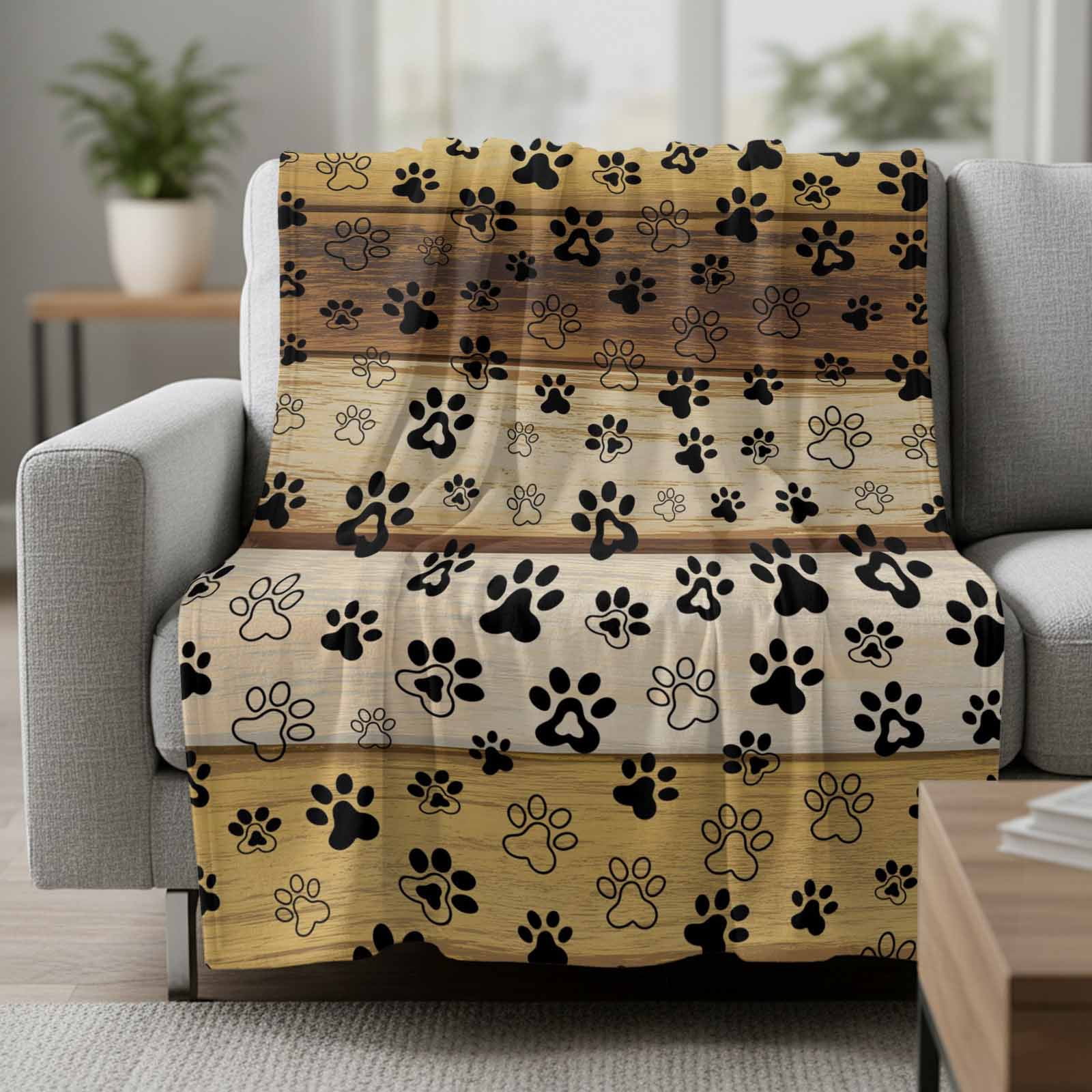 Animal Paw Print Fleece Throw Blanket Dog Claws Pattern Brown Wooden ...