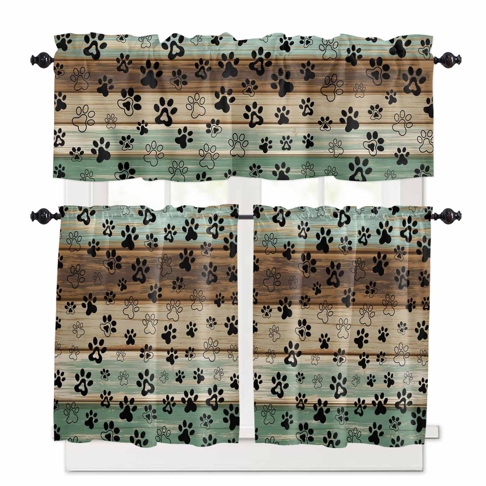 Animal Paw Print Kitchen Curtains Valance and Tier Set Dog Claws ...