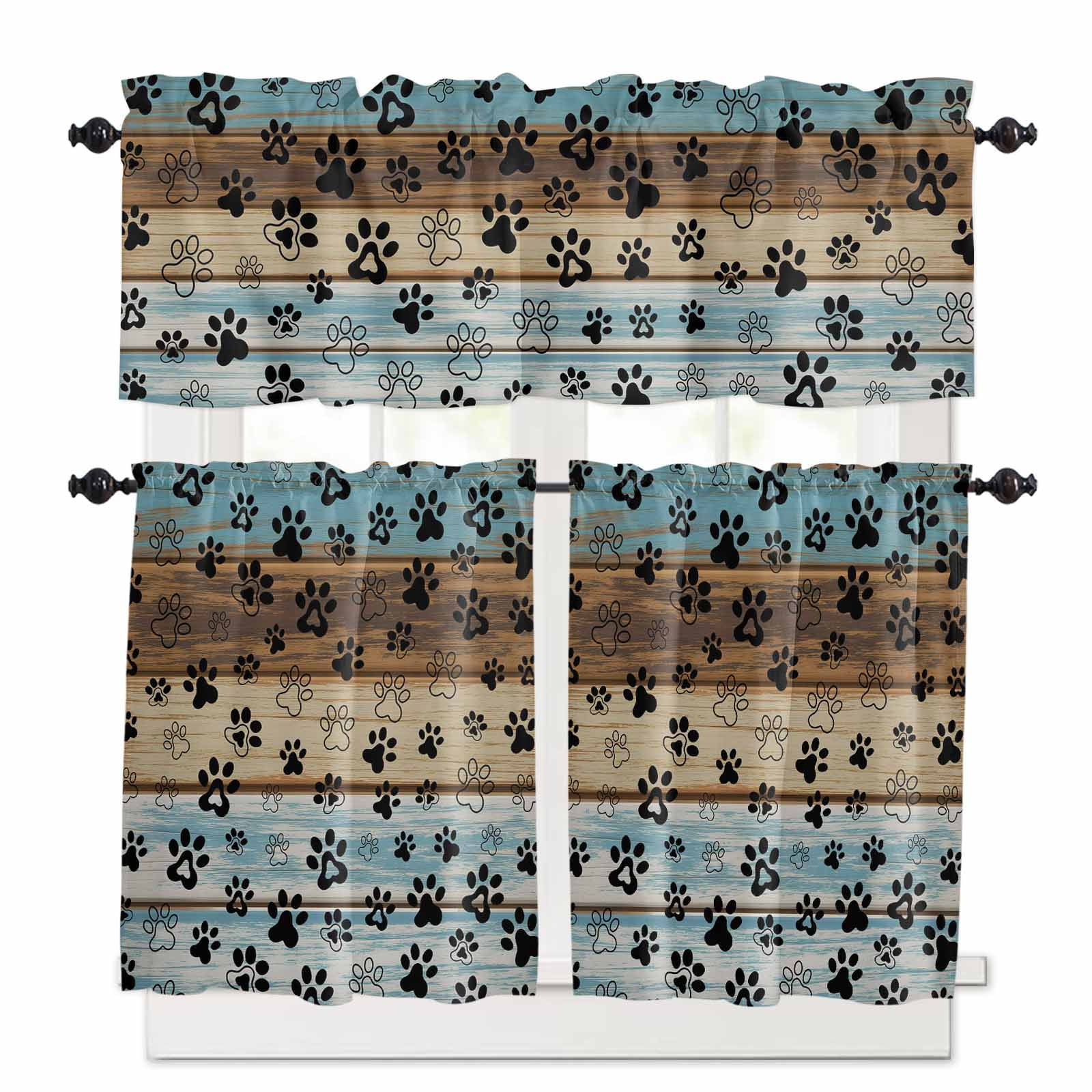 Animal Paw Print Window Curtains Valance Set of 3 Dog Claws Pattern ...