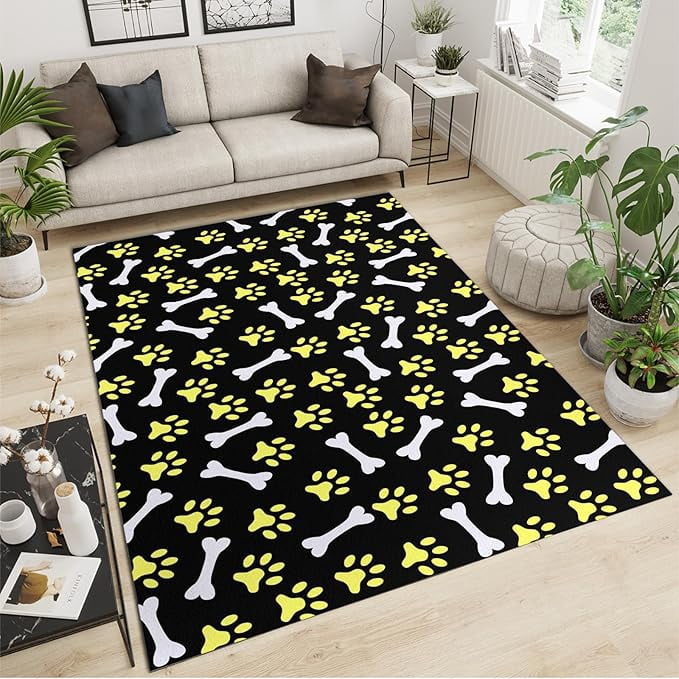 Animal Paw Prints And Bones Area Rug, Cartoon Dog And Cat Paw Prints ...