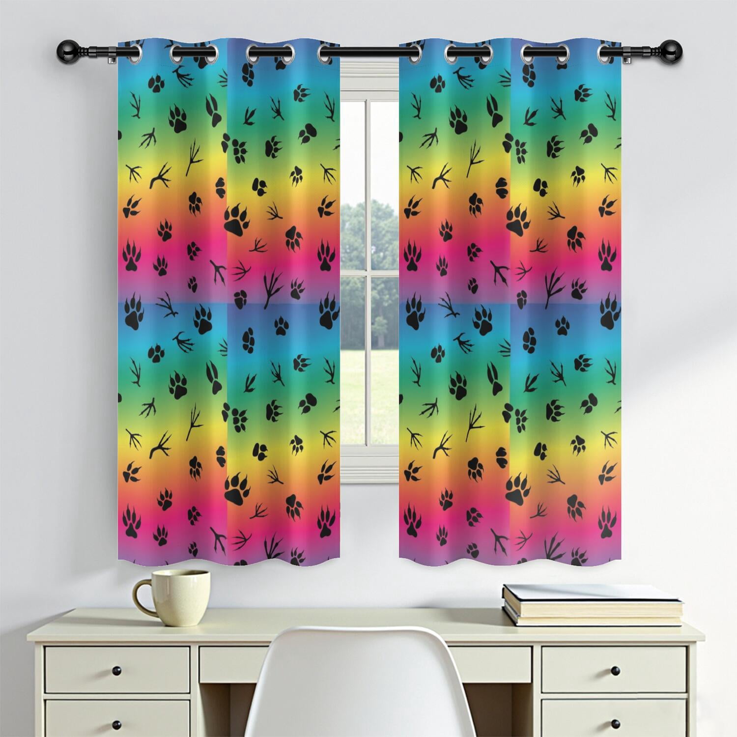 Animal Paw Prints Rainbow Pattern Blackout Curtains,Triple Weaved ...
