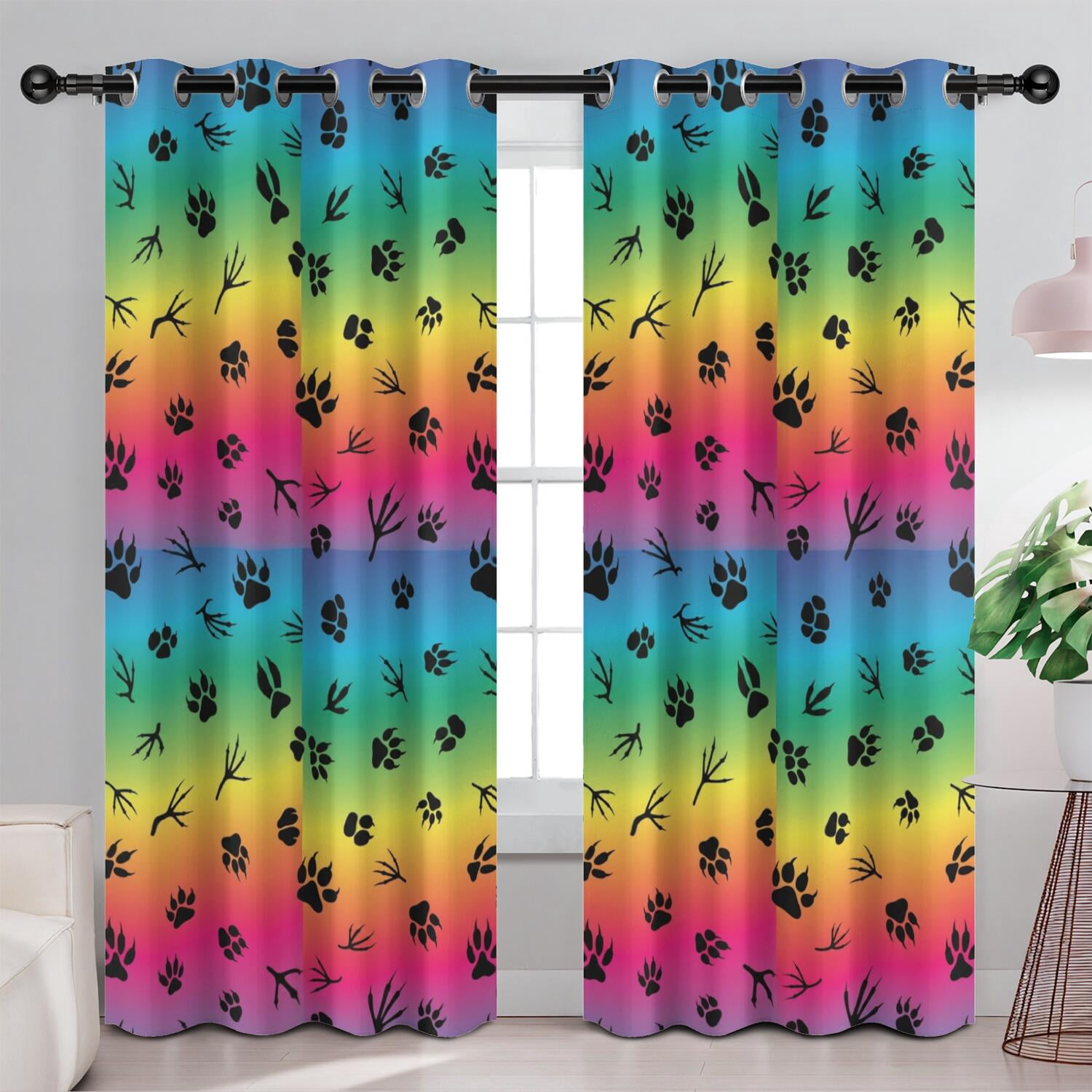 Animal Paw Prints Rainbow Pattern Blackout Curtains,Triple Weaved ...