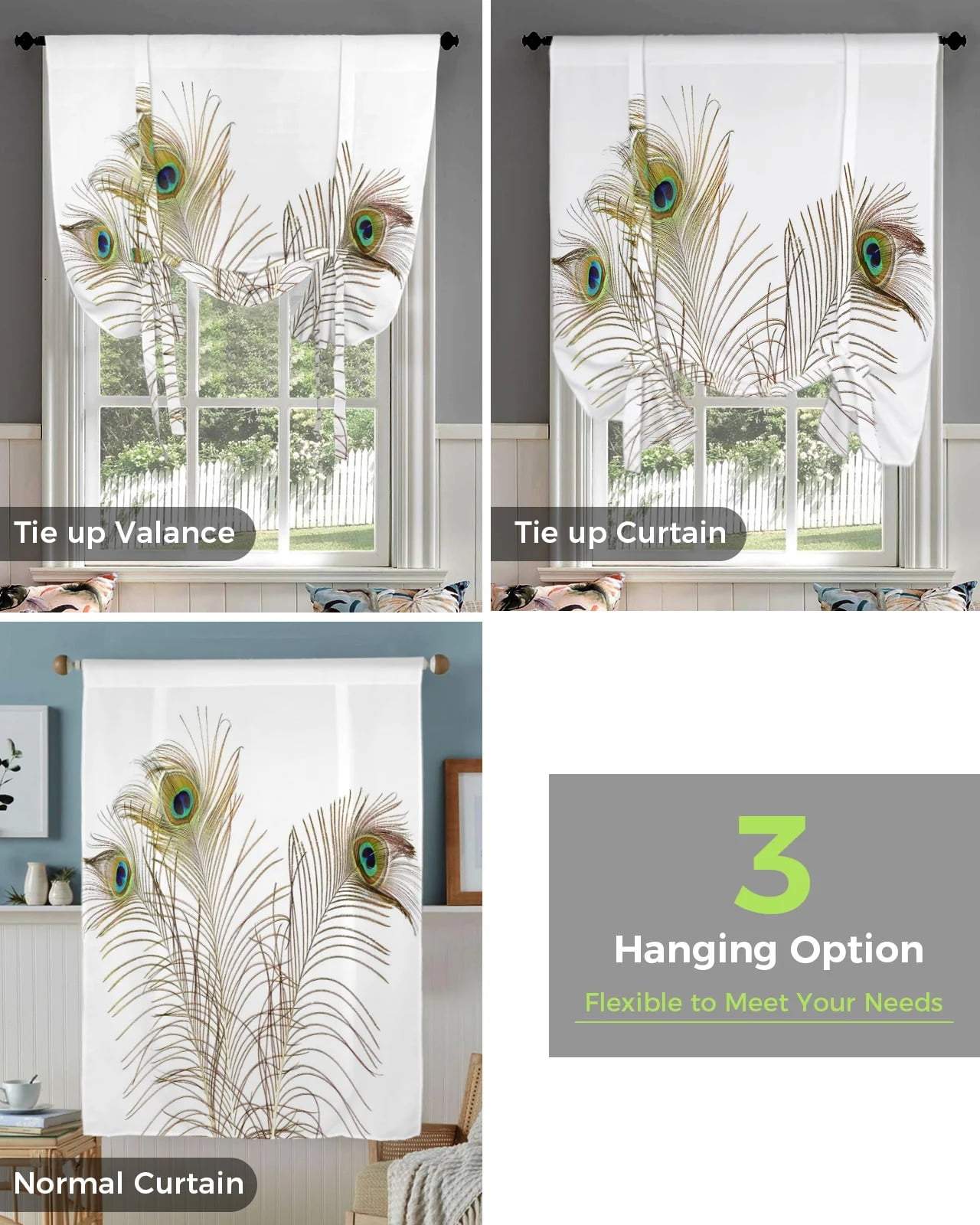 Animal Peacock Feather Retro Window Curtain for Living Room Roman ...