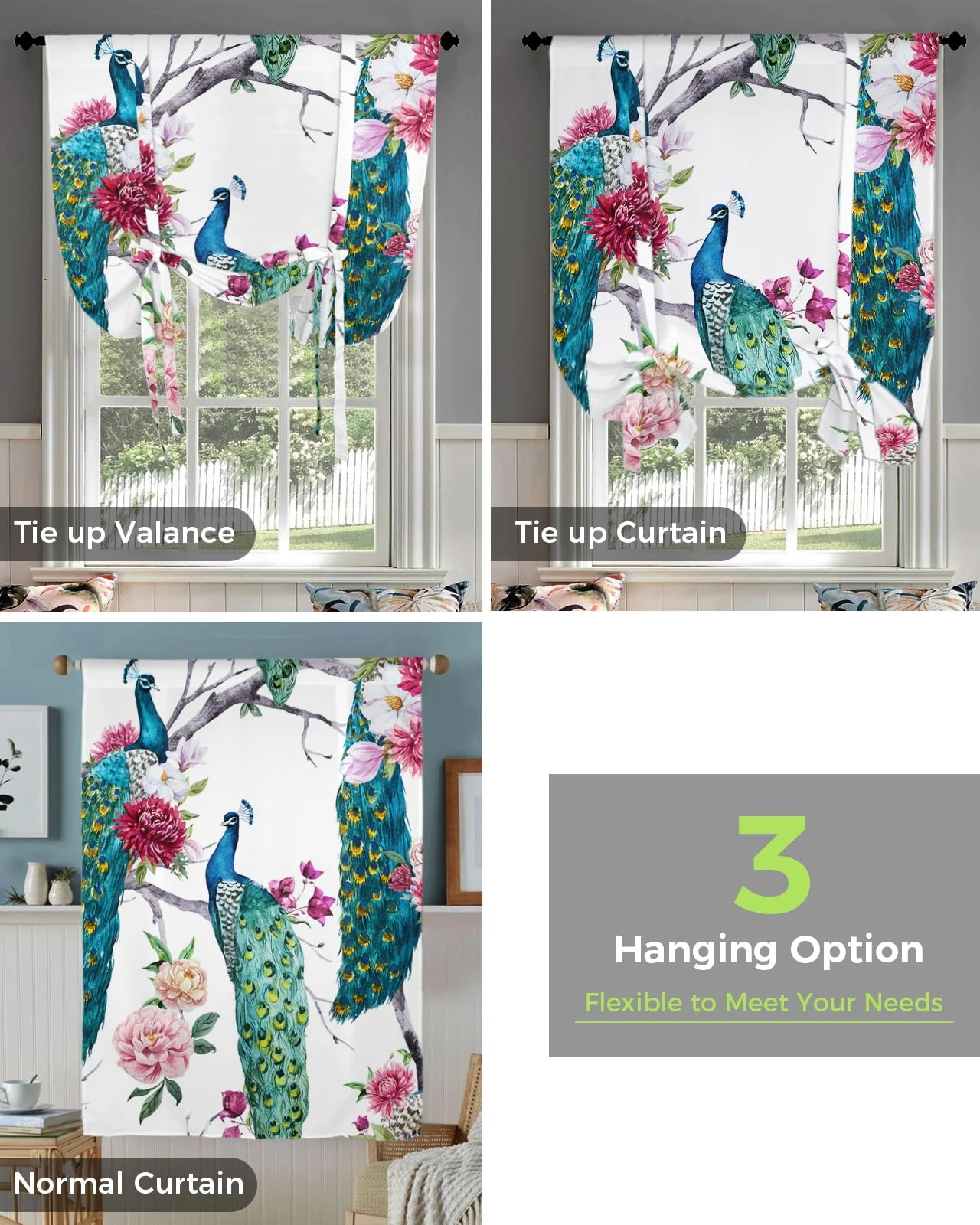 Animal Peacock Feather Retro Window Curtain for Living Room Roman ...