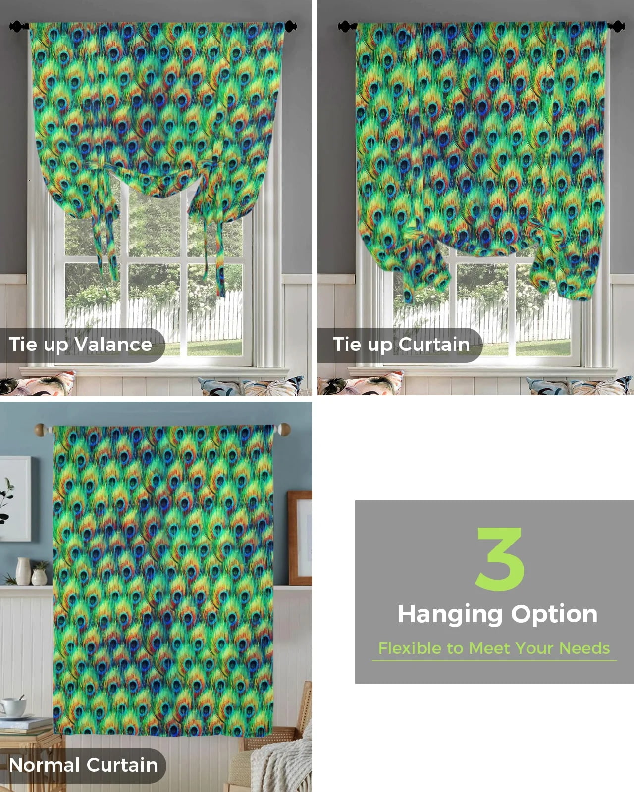 Animal Peacock Feather Retro Window Curtain for Living Room Roman ...