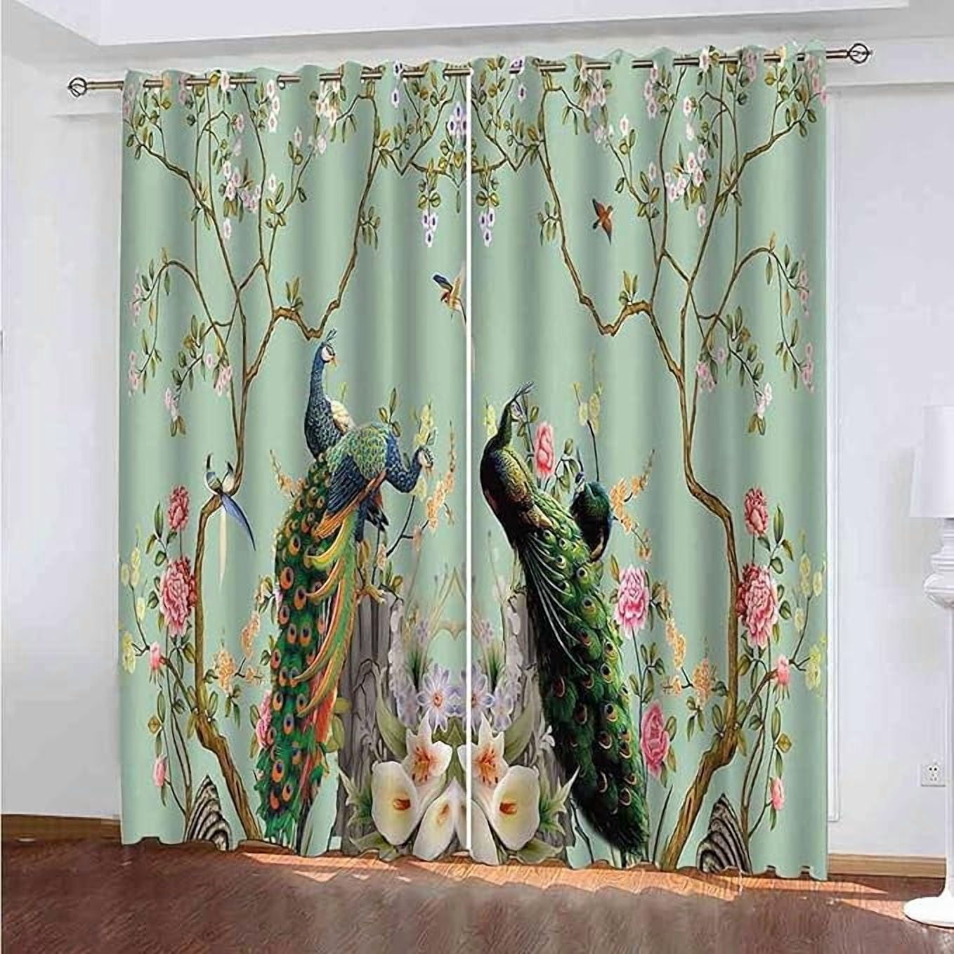 Animal Peacock Print Blackout Curtains, Vintage Green Floral 3D Printed ...