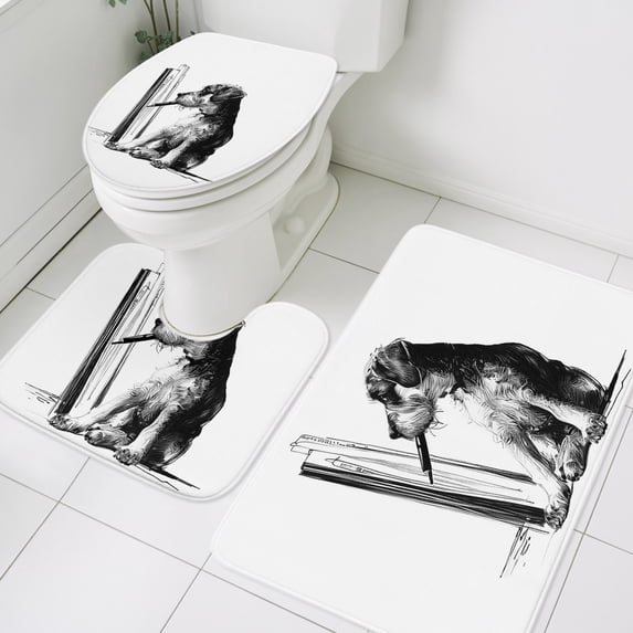 Animal Pet Bathroom Rugs Set Dog Drawing with Pencil Non Slip Absorbent ...