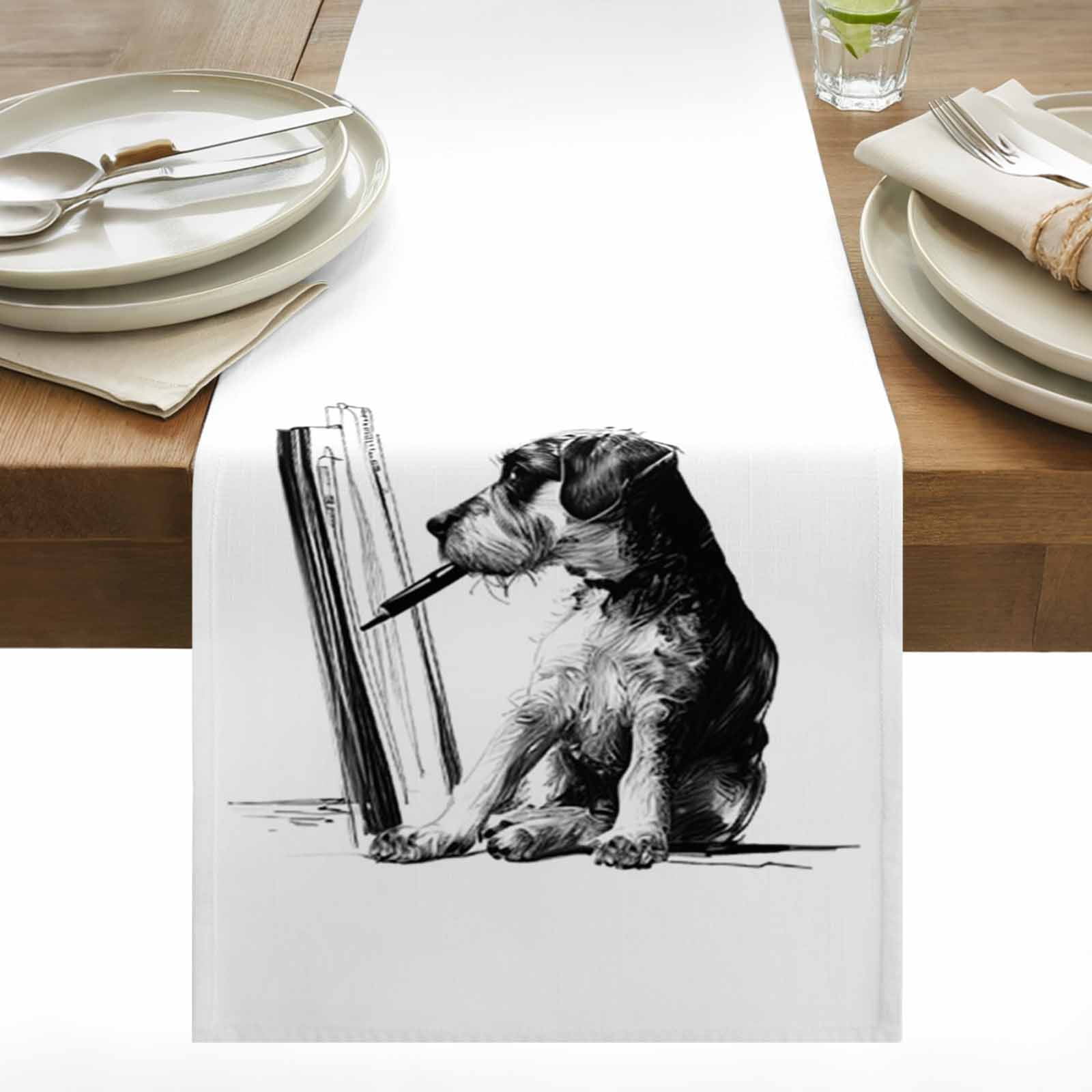 Animal Pet Table Runner 13x120 inch Dog Drawing with Pencil Cotton ...