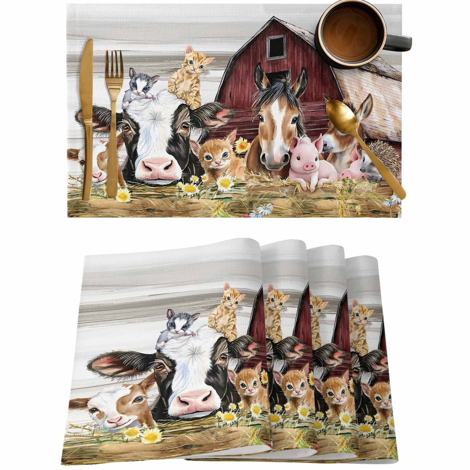 Animal Pig Cow Farm Barn Placemats Set of 4,Wipeable Washable Table ...