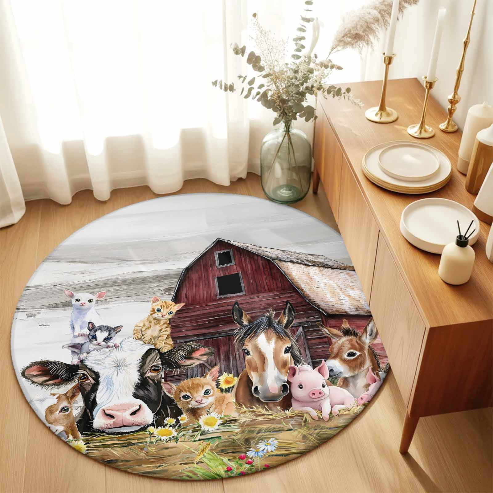 Animal Pig Cow Farm Barn Round Rug 3ft Retro Fence Country Wheat ...