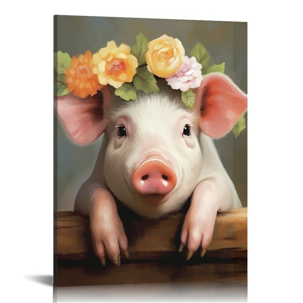 Nawypu Animal Pig Wall Art Wood Pig with Wreath Canvas Print Rustic ...