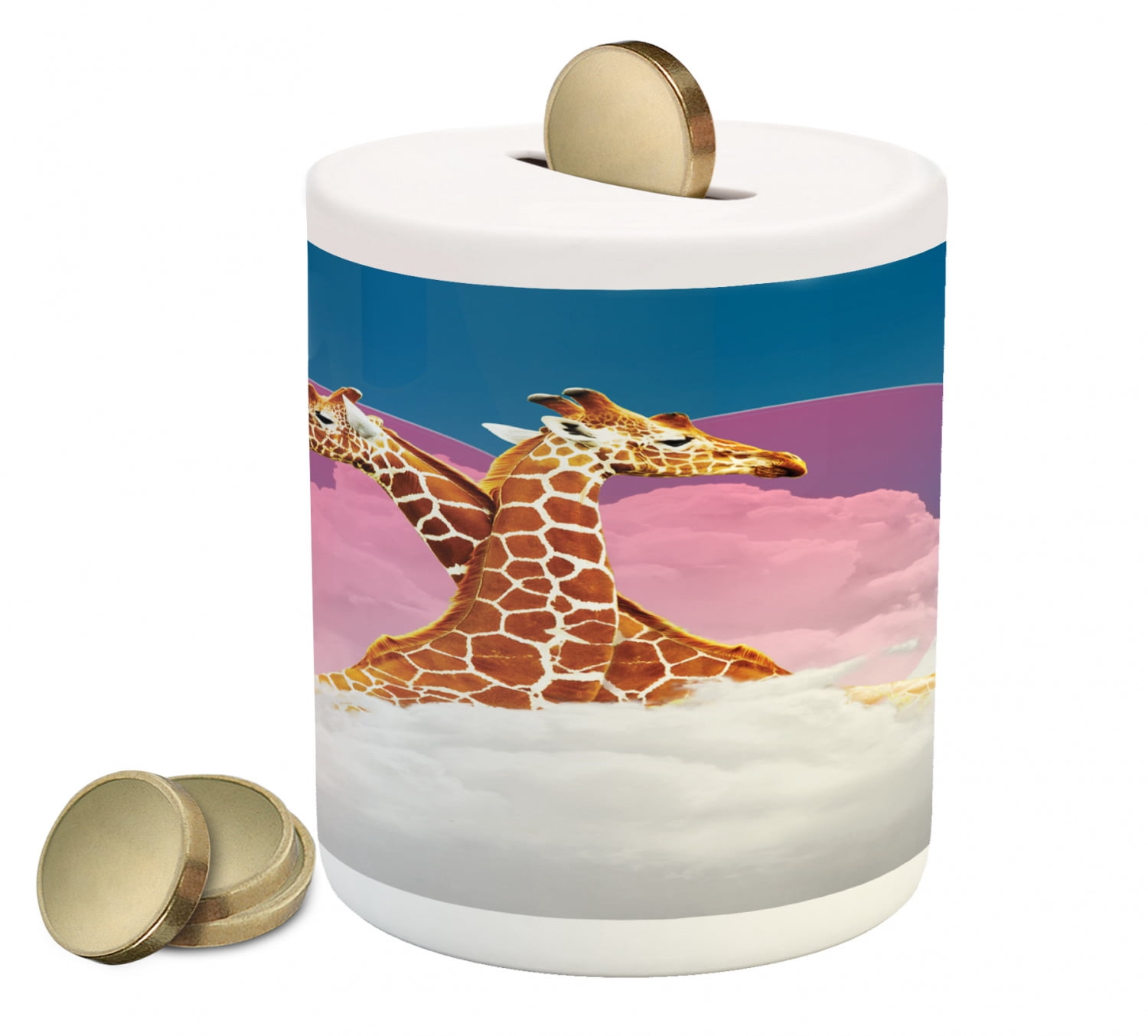 Animal Piggy Bank, Cuddly Giraffes Living on Fluffy Clouds Heart Figure ...