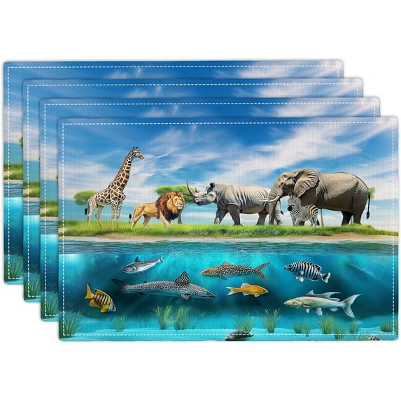 Animal Placemats Set of 4, African Elephant Giraffe Place Mats ...
