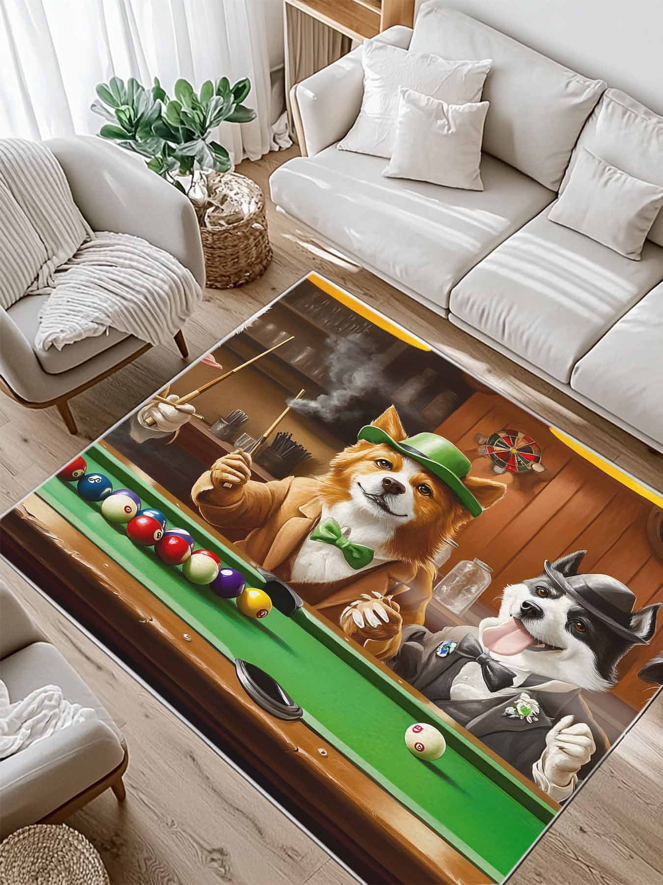 Animal Playing Billiards Area Rug for Bedroom 4x6 Ft Abstract Dog Board ...