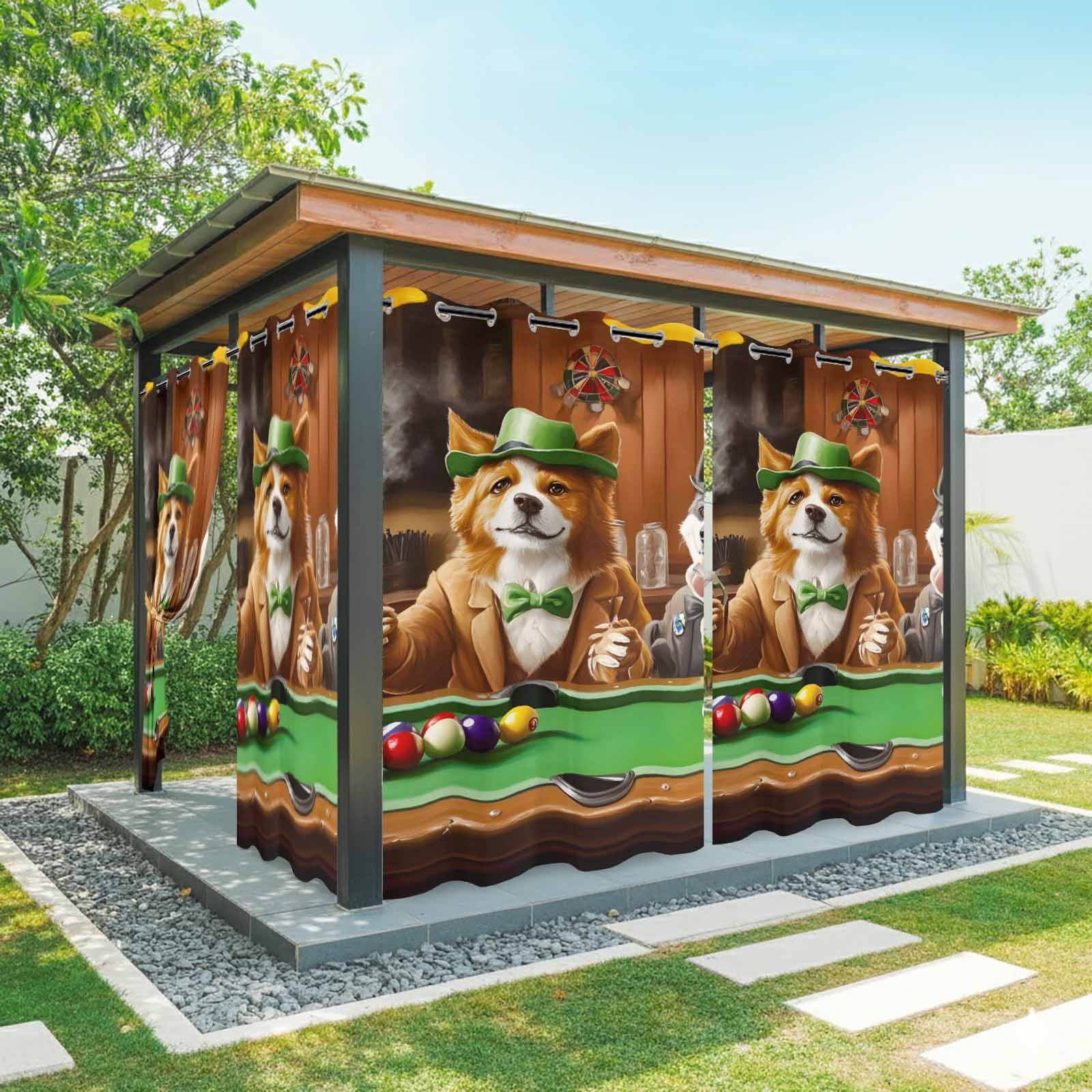 Animal Playing Billiards Outdoor Curtains for Patio Waterproof ...