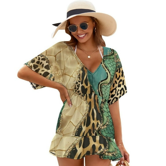 Animal Print Agate Gold Green Glam Beach Cover Ups Women V Neck Short ...