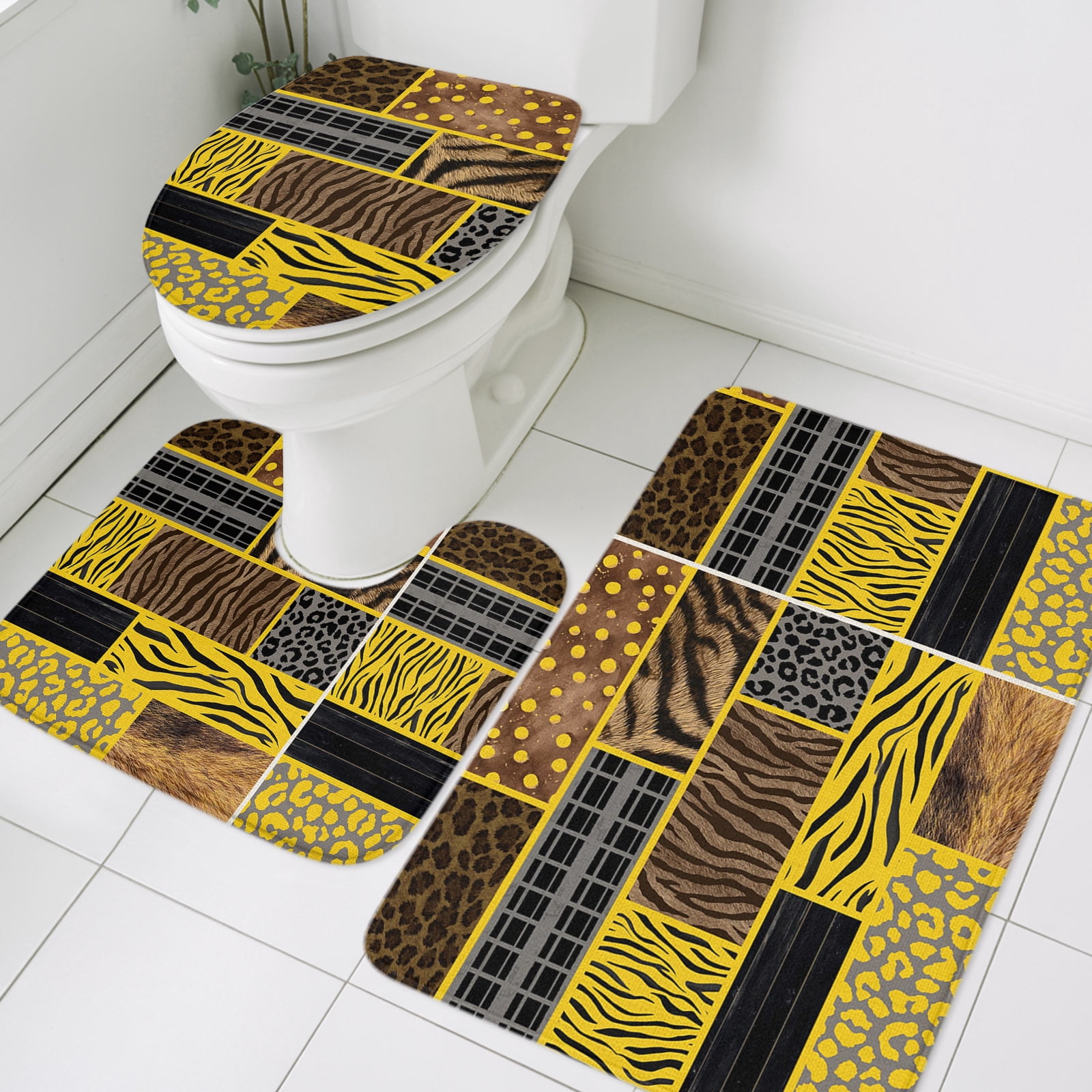 Animal Print Bathroom Rugs Set Art Rustic Yellow Leopard Zebra Tiger ...