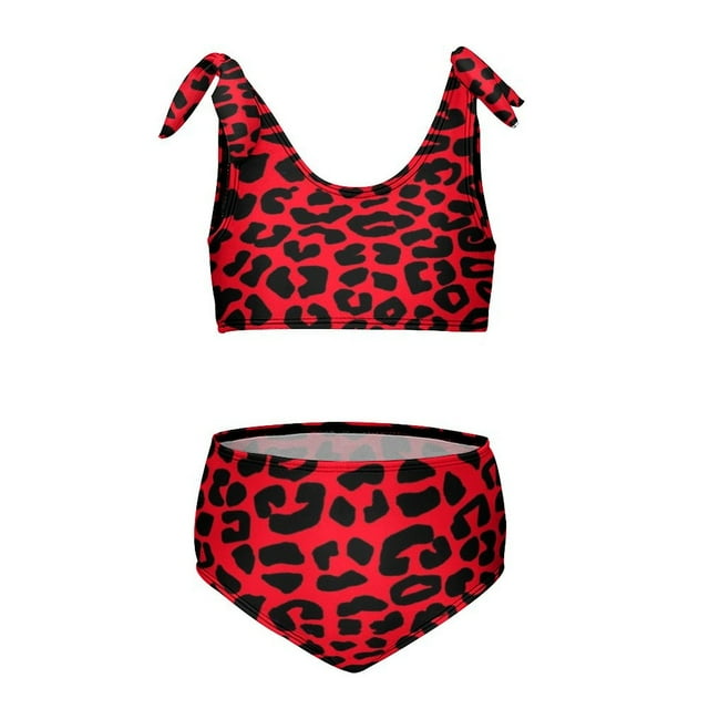 Animal Print Black Red Leopard Spots Girl's 2 Piece Bikini Set Beach Sport Swimsuit Swimwear 6 ...