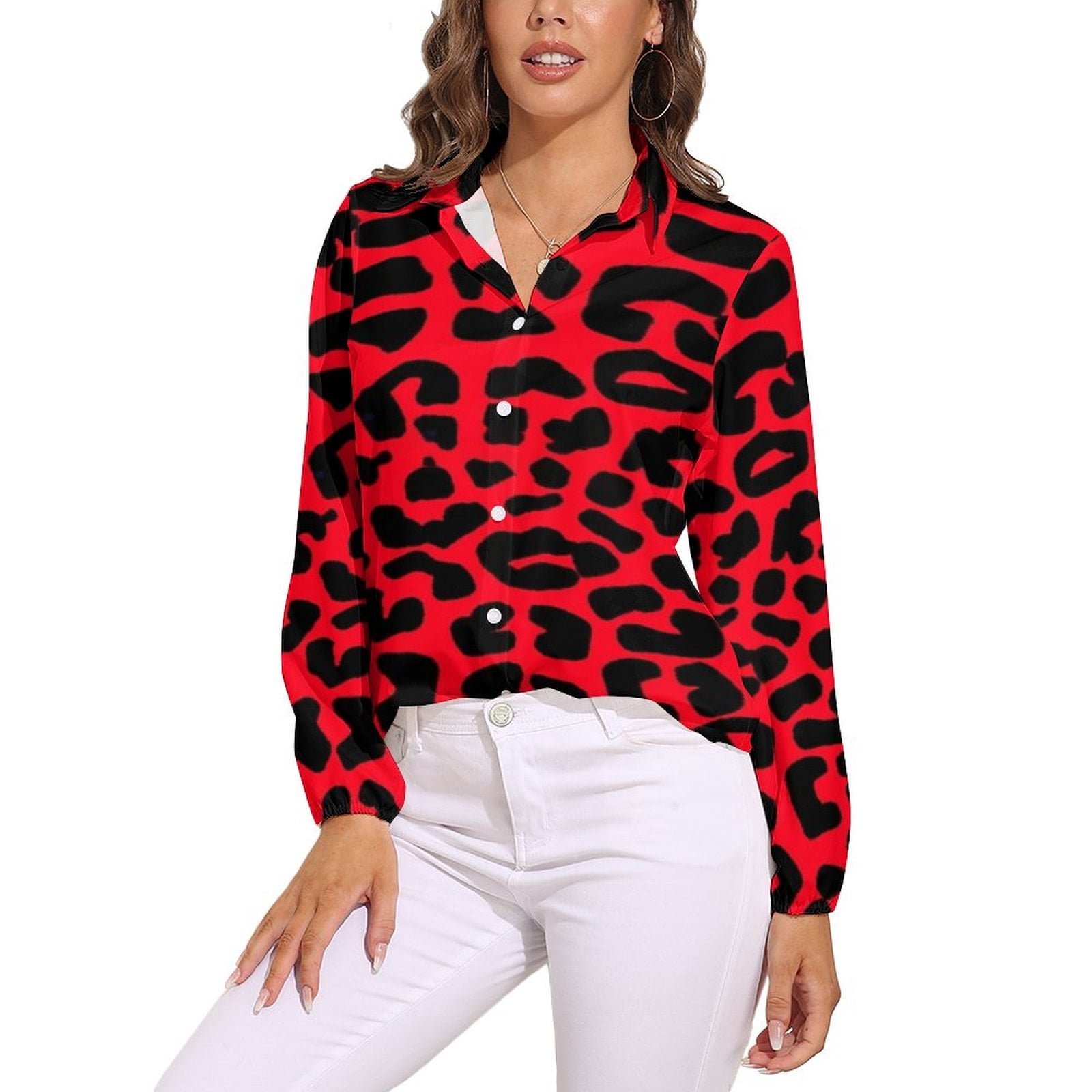Animal Print Black Red Leopard Spots Long Sleeve Blouse Woman ...