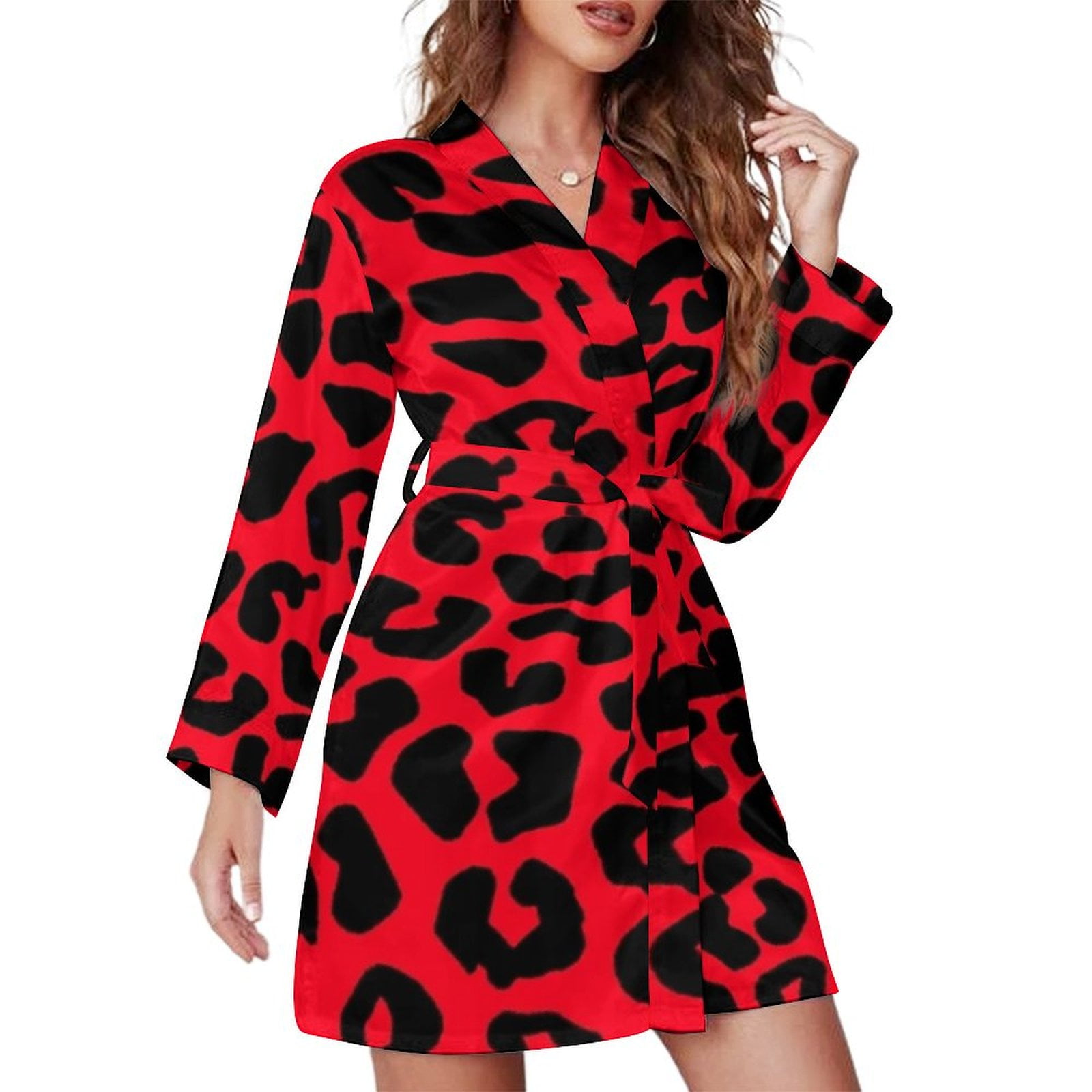 Animal Print Black Red Leopard Spots Night Robe Long Sleeve V Neck Robe ...