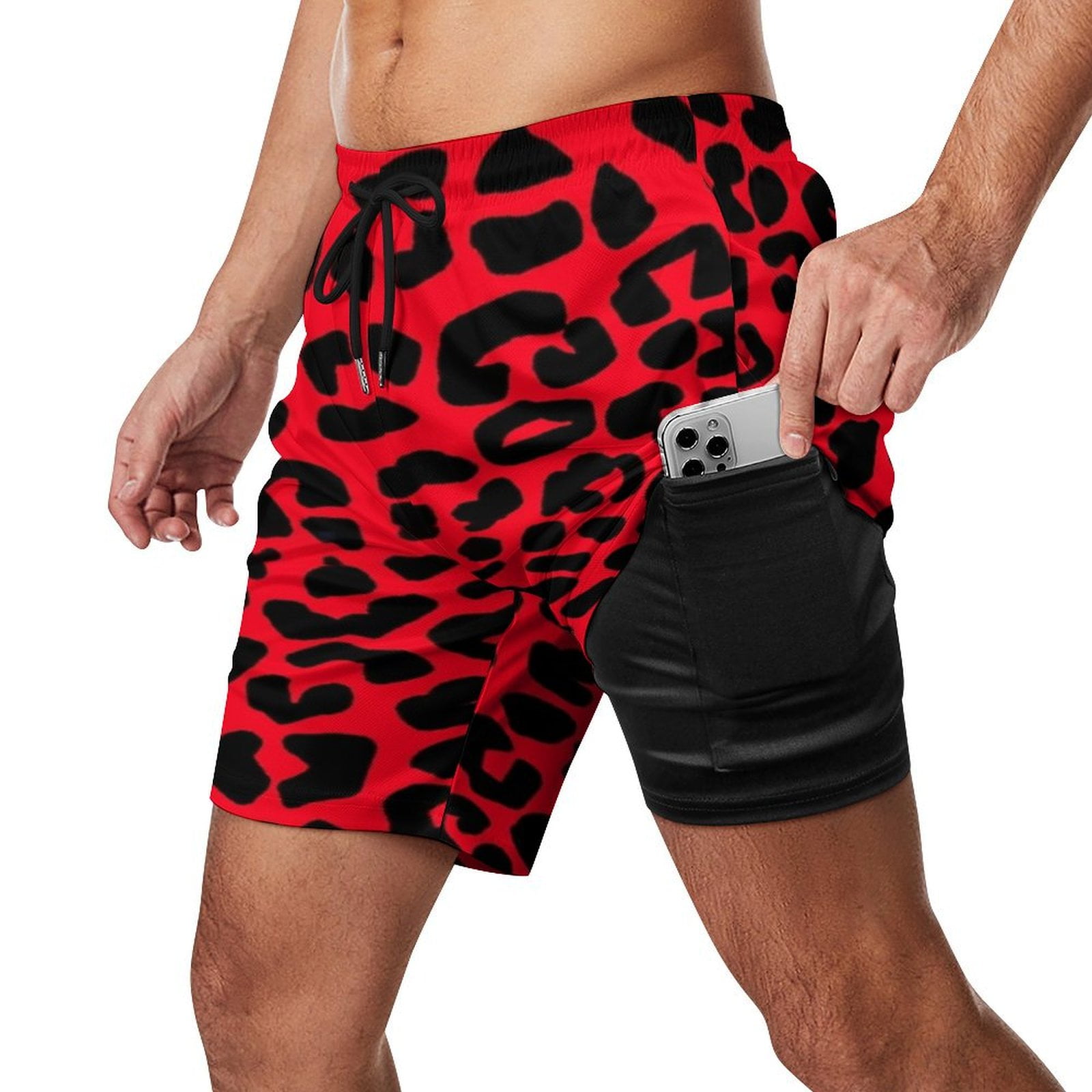 Animal Print Black Red Leopard Spots Quick Dry Swimming Shorts For Men ...