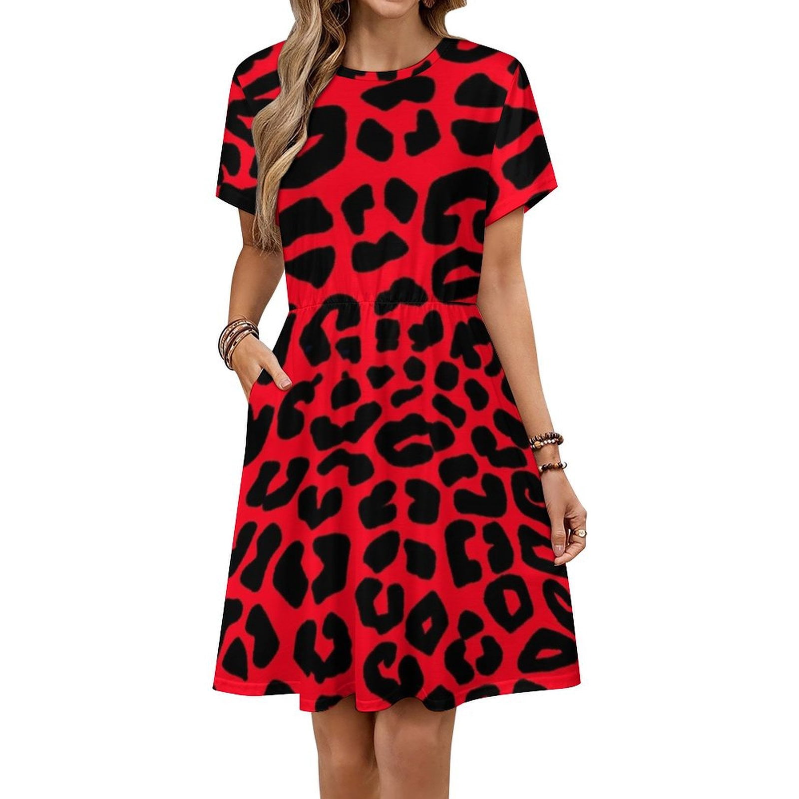Animal Print Black Red Leopard Spots Sundress Short Sleeve Dress Summer ...