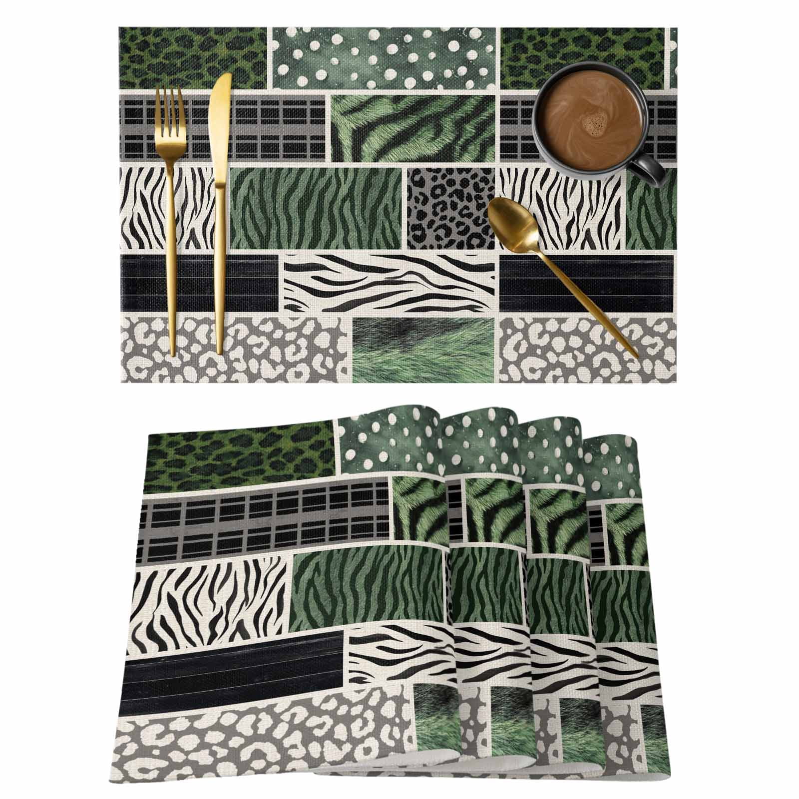 Animal Print Cotton Linen Placemats Set of 2, Art Rustic Green Leopard ...