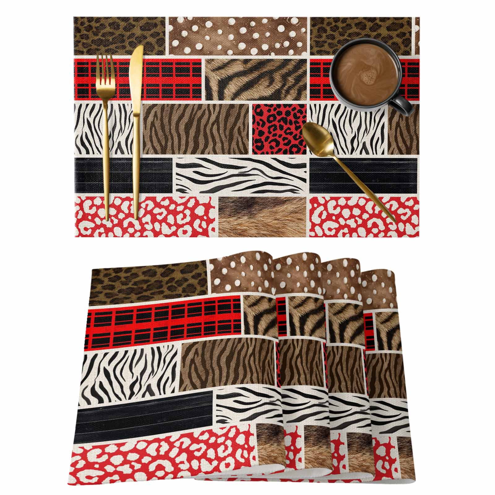 Animal Print Cotton Linen Placemats Set of 4, Art Rustic Red Leopard ...