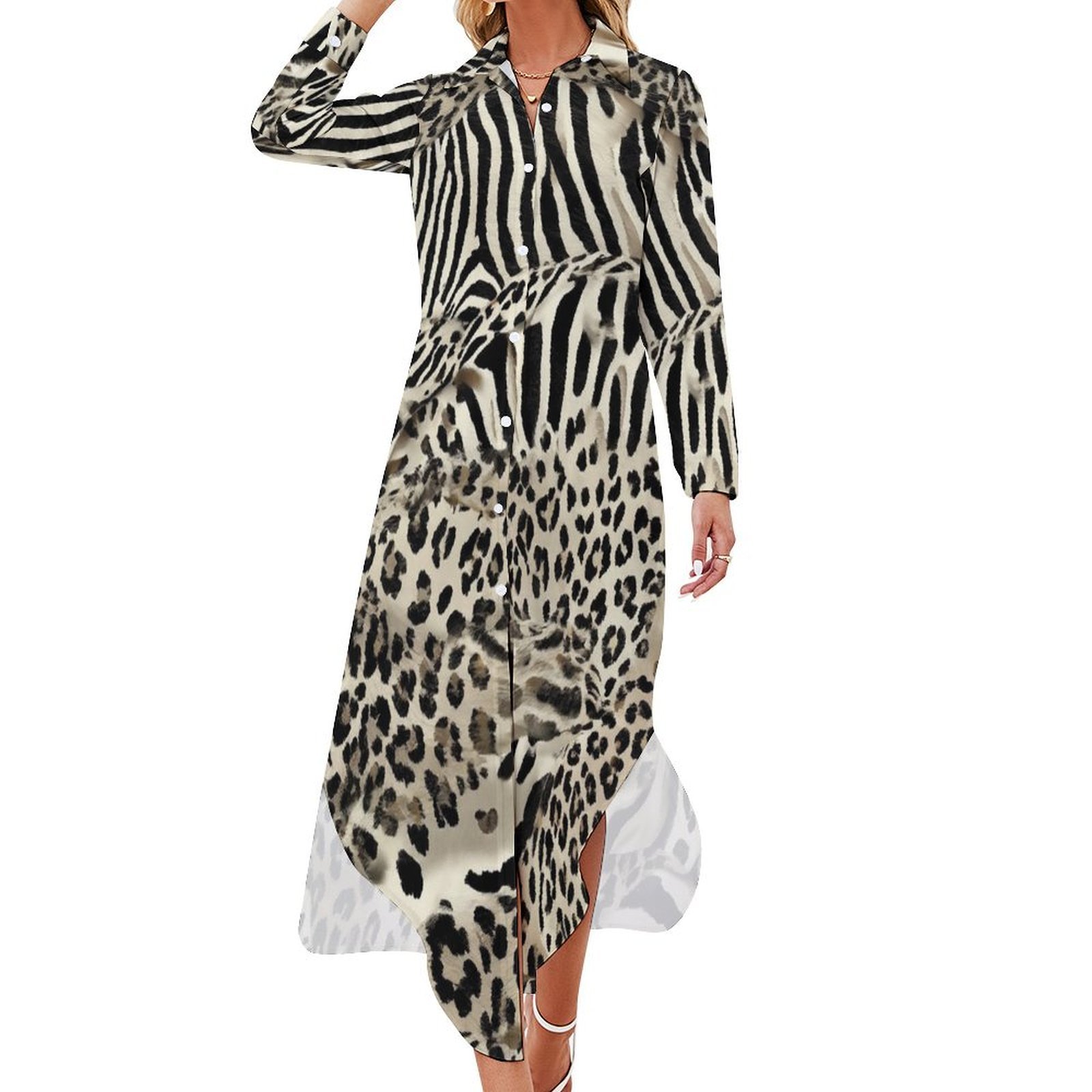 Animal Print Fabric Zebra Leopard Shirt Dress Long Sleeve Street ...