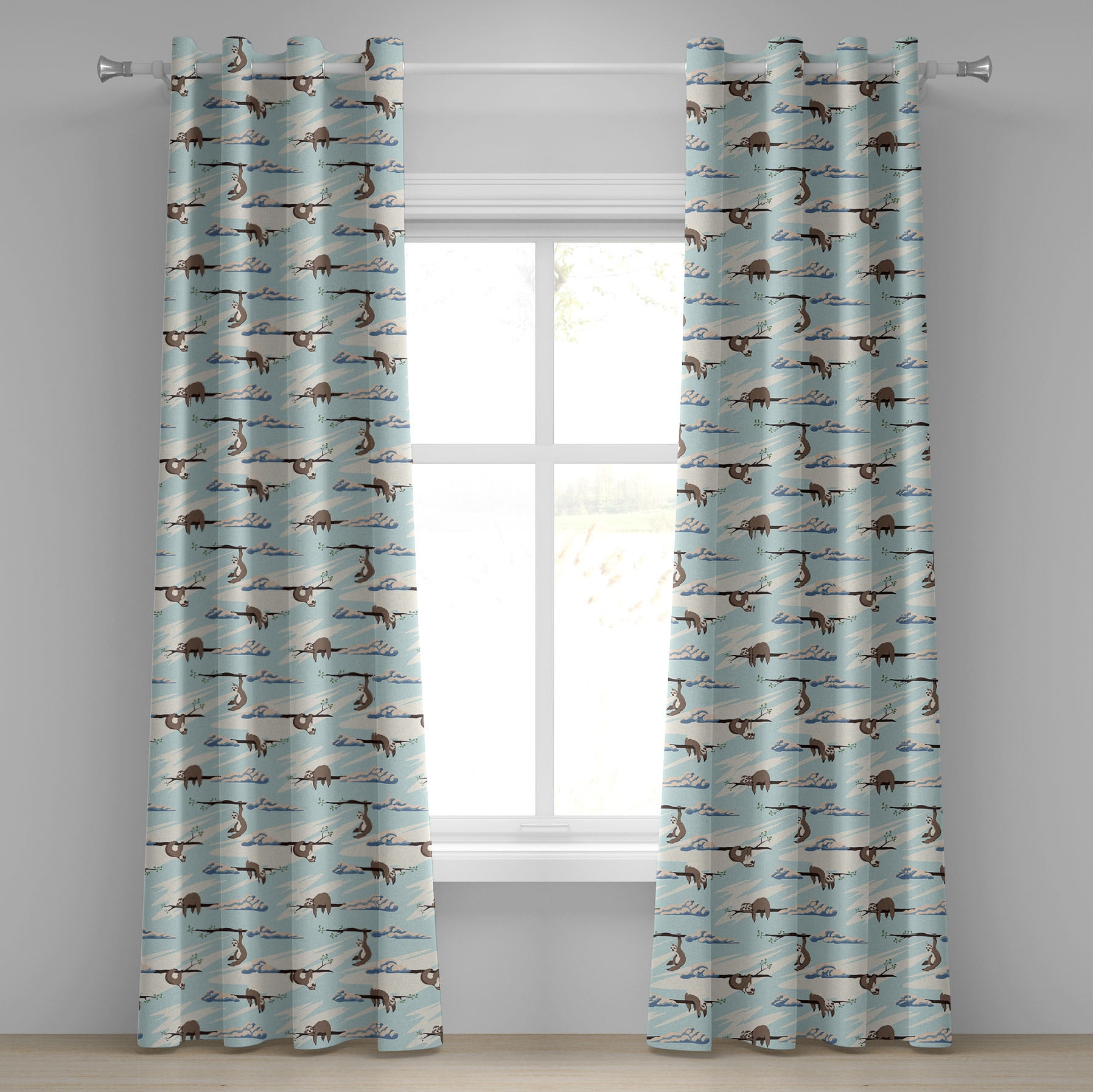 Animal Print Grommet Curtain, Funny Lazy Sloths on Branches and Clouds ...