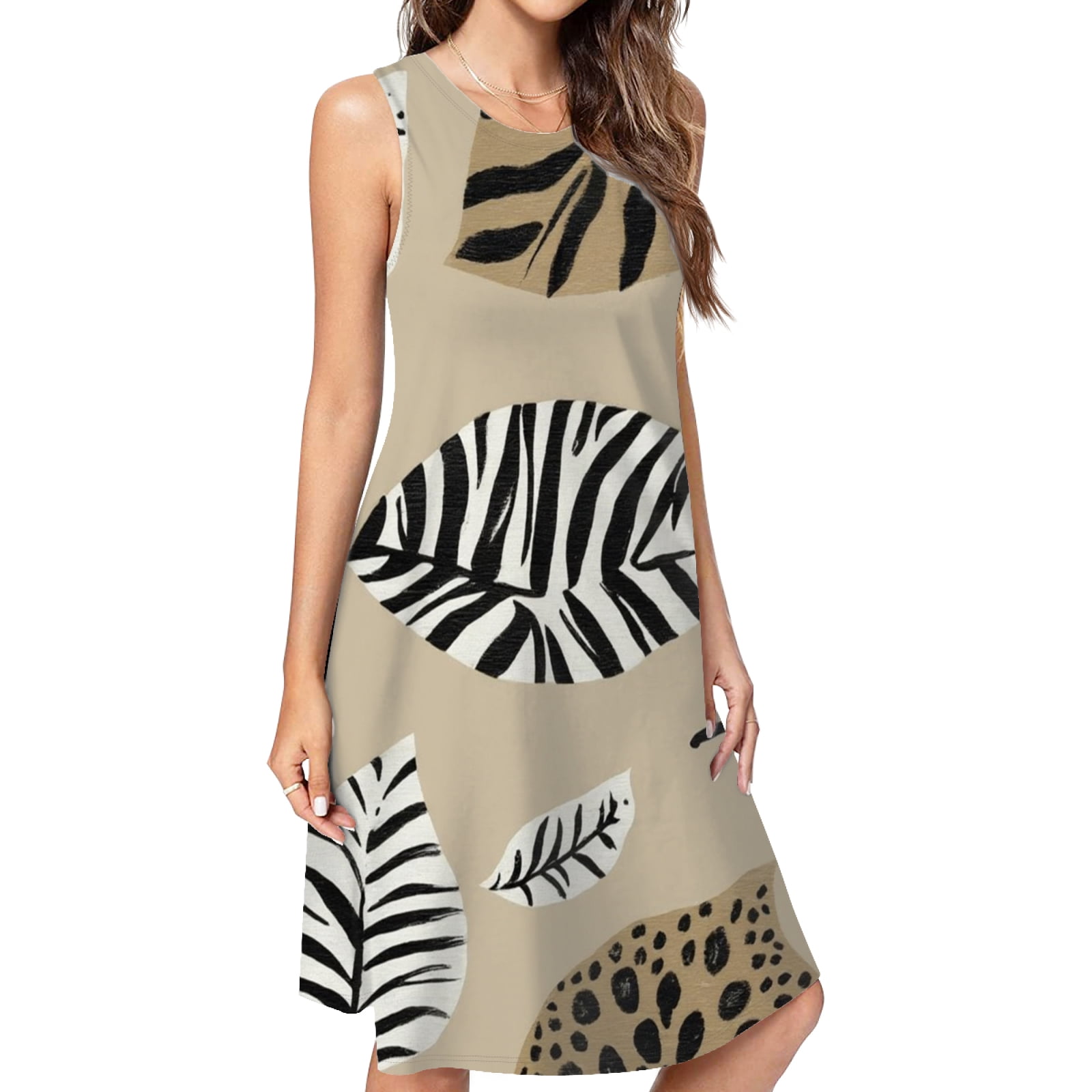 Animal Print Leaves Beige Background Dress Loose Women'S Dress Beach ...