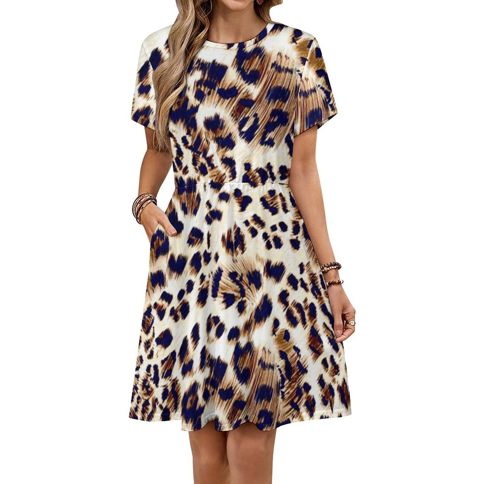 Animal Print, Leopard Texture Sundress Short Sleeve Dress Summer Women ...