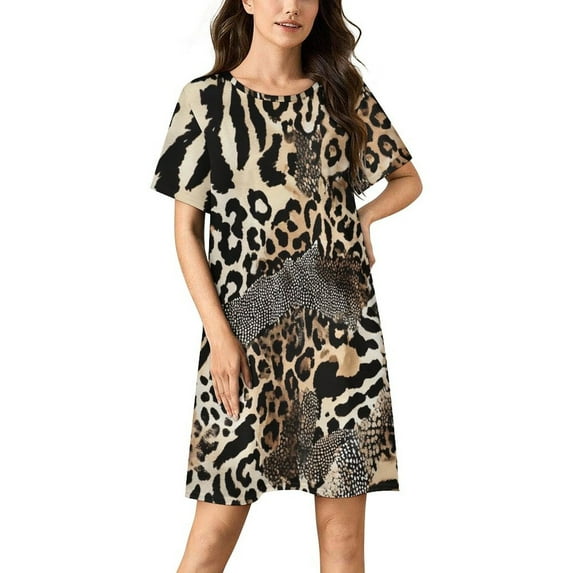 Animal Print Mixed Textile Women Nightgown Sleepwear Short Sleeves For ...