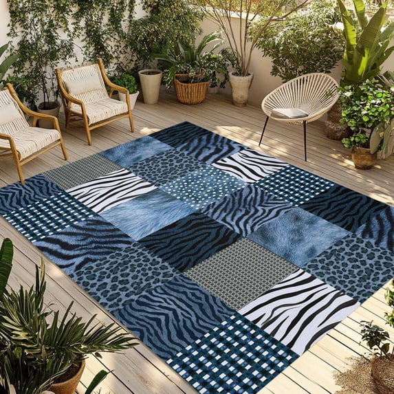 Animal Print Outdoor Rug, Rustic Leopard Zebra Tiger Stripes Plaid Blue ...