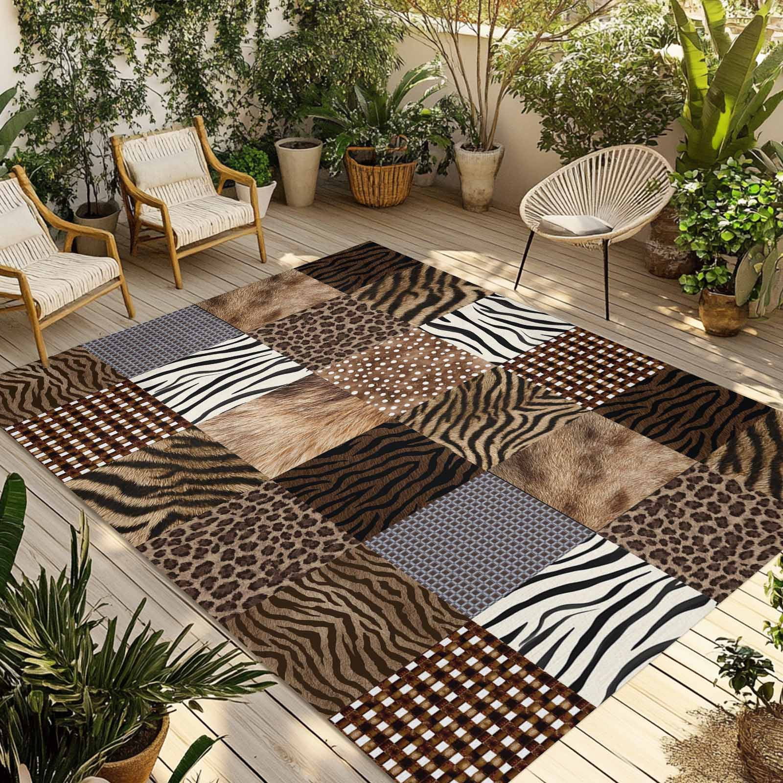 Animal Print Outdoor Rug, Rustic Leopard Zebra Tiger Stripes Plaid Non ...