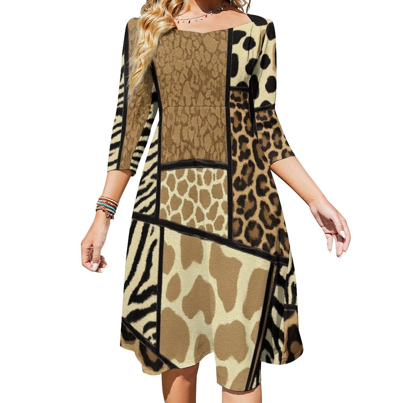 Animal Print Patchwork Rug Women's 3/4 Sleeve Dresses Elegant A-Line ...