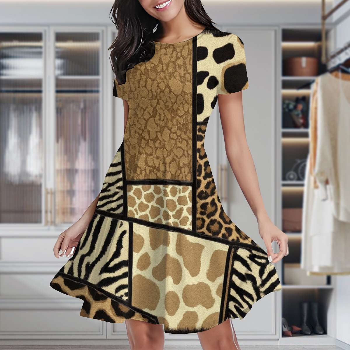 Animal Print Patchwork Rug Women's Classic Swing Skater Dress Casual ...