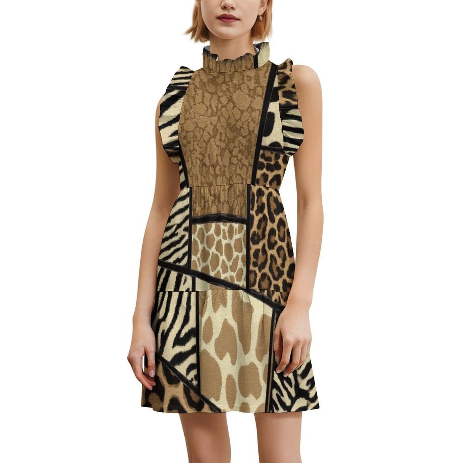 Animal Print Patchwork Rug Women's Fashion Casual Dress Summer Stand Up ...