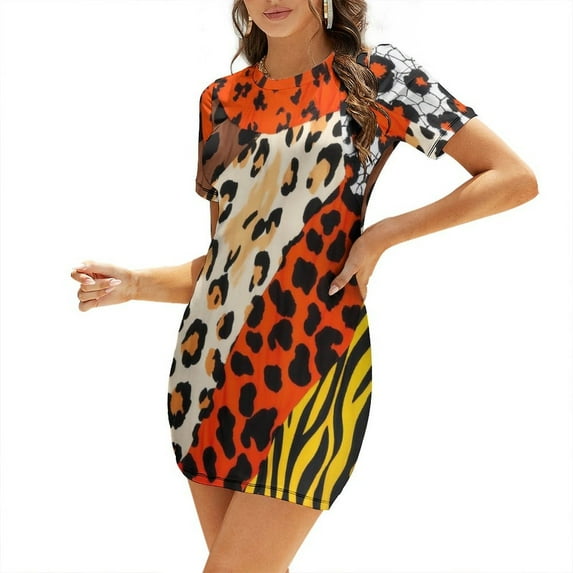 Animal Print Patchwork Vibrant Fabric Sweet Elegant Short Sleeves Dress ...