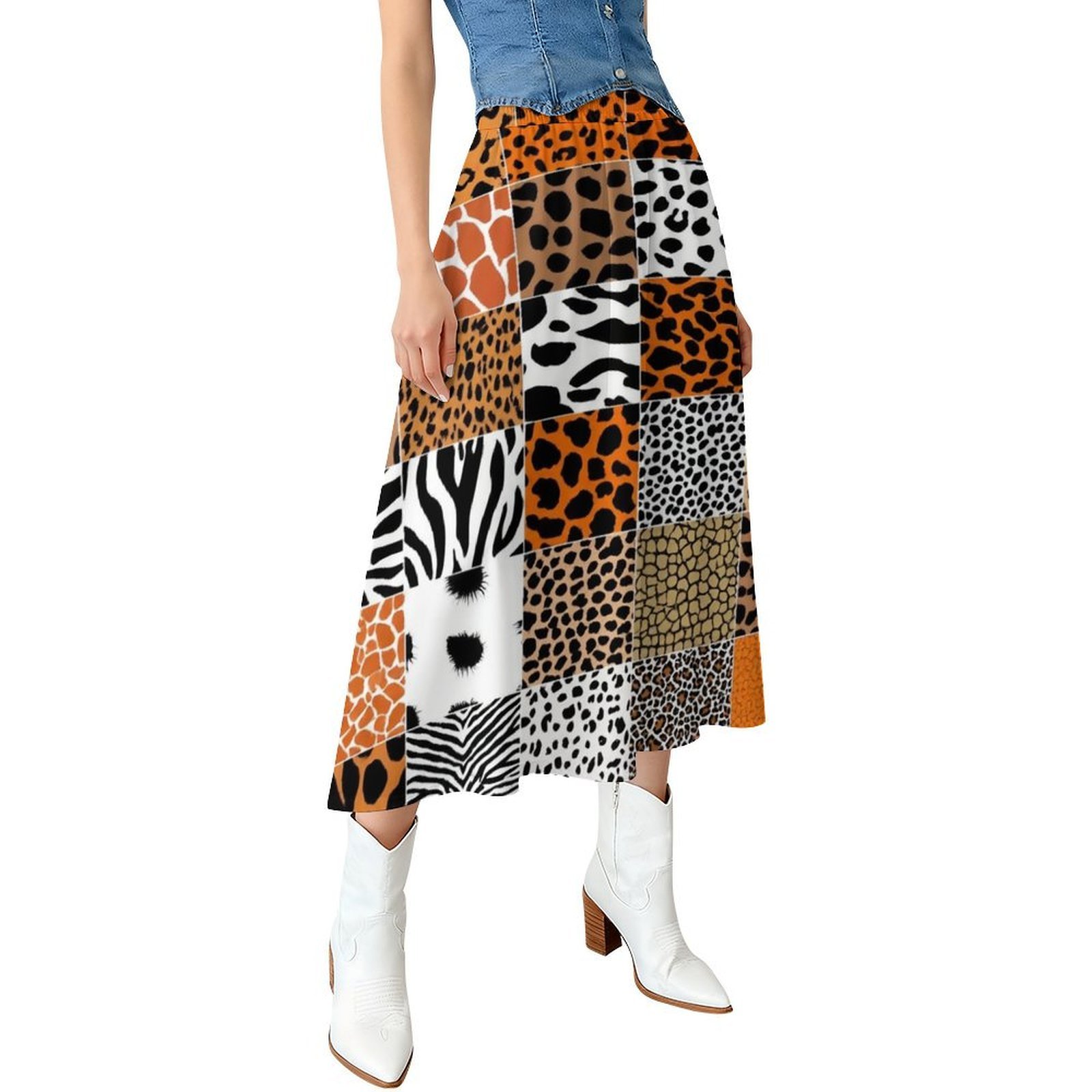 Animal Print Pattern Patchwork Collage Women High Waist Midi Skirt ...
