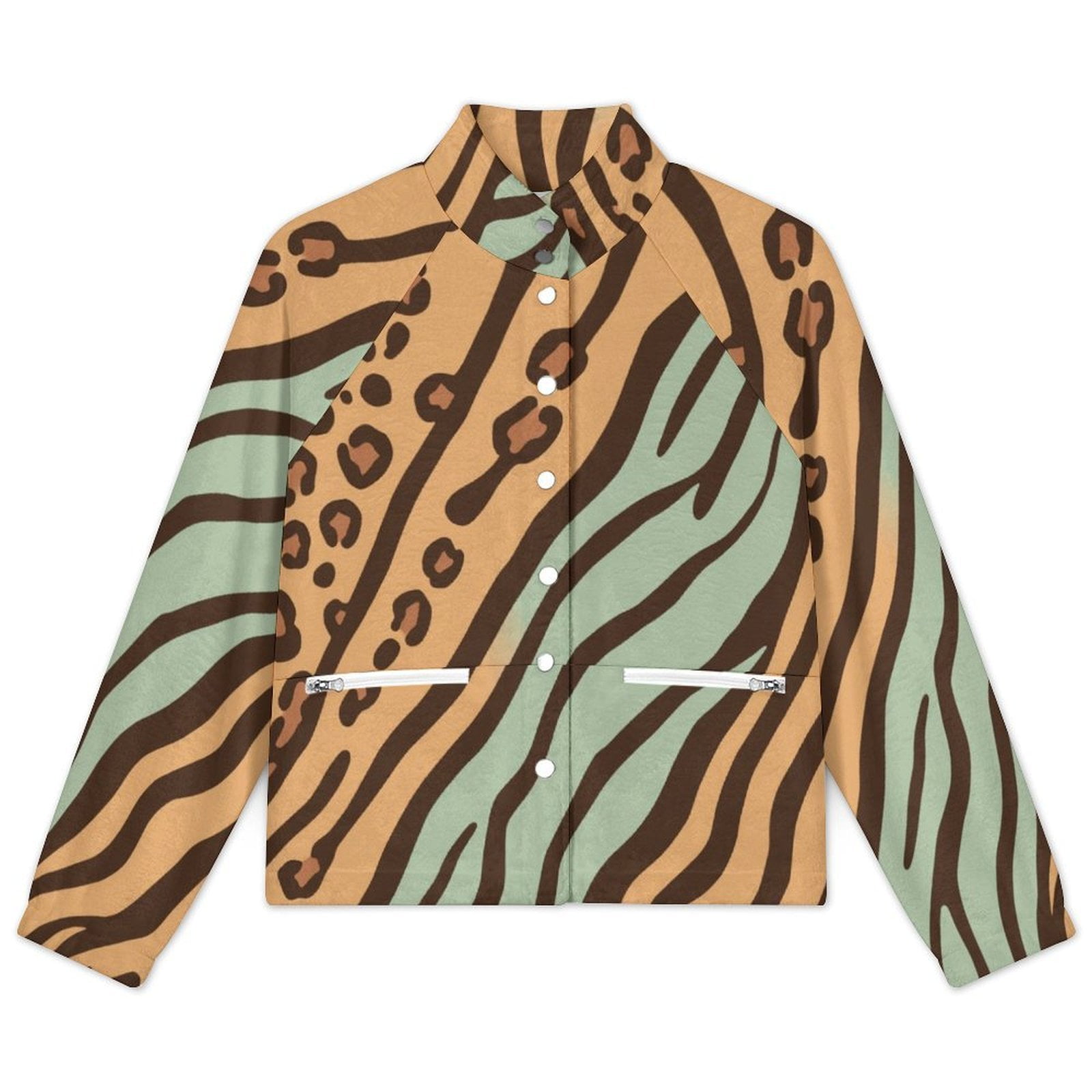 Animal Print Pattern Warm Women's Plush Jacket Stand Collar Full Sleeve ...