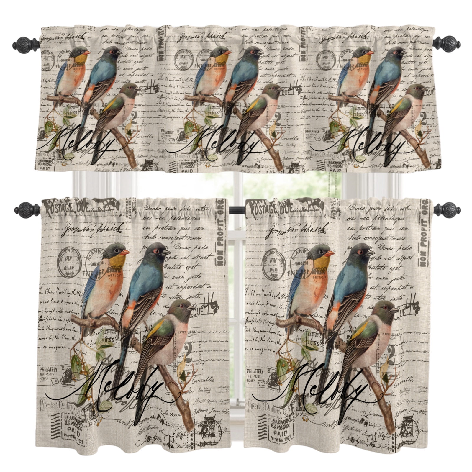 Animal Print Retro Kitchen Curtains Valance and Tier Set Spring Bird on ...